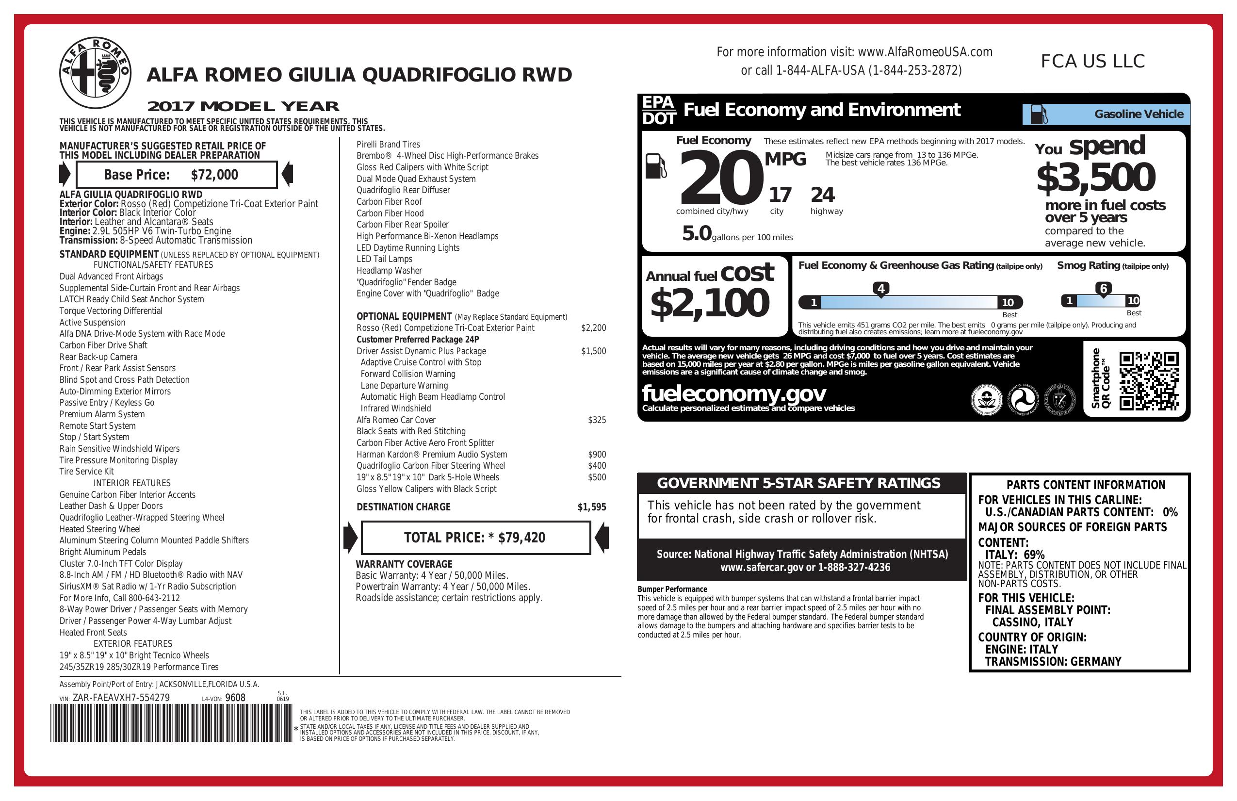 Window Sticker for 2017 Alfa Romeo Giulia Quadrifoglio Rwd