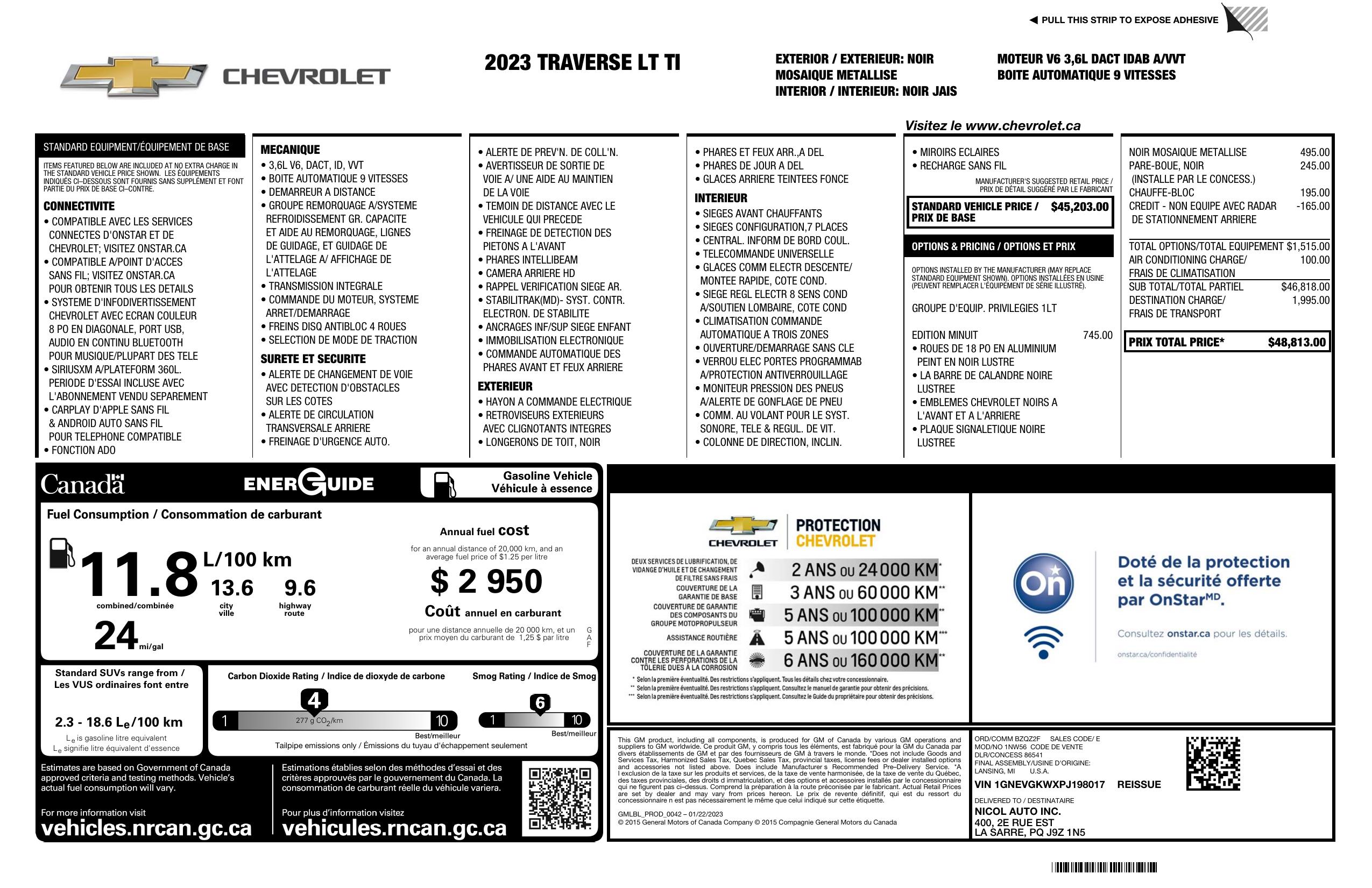 Window Sticker for 2023 Chevrolet Traverse Awd 4dr Lt Cloth W/1 Lt