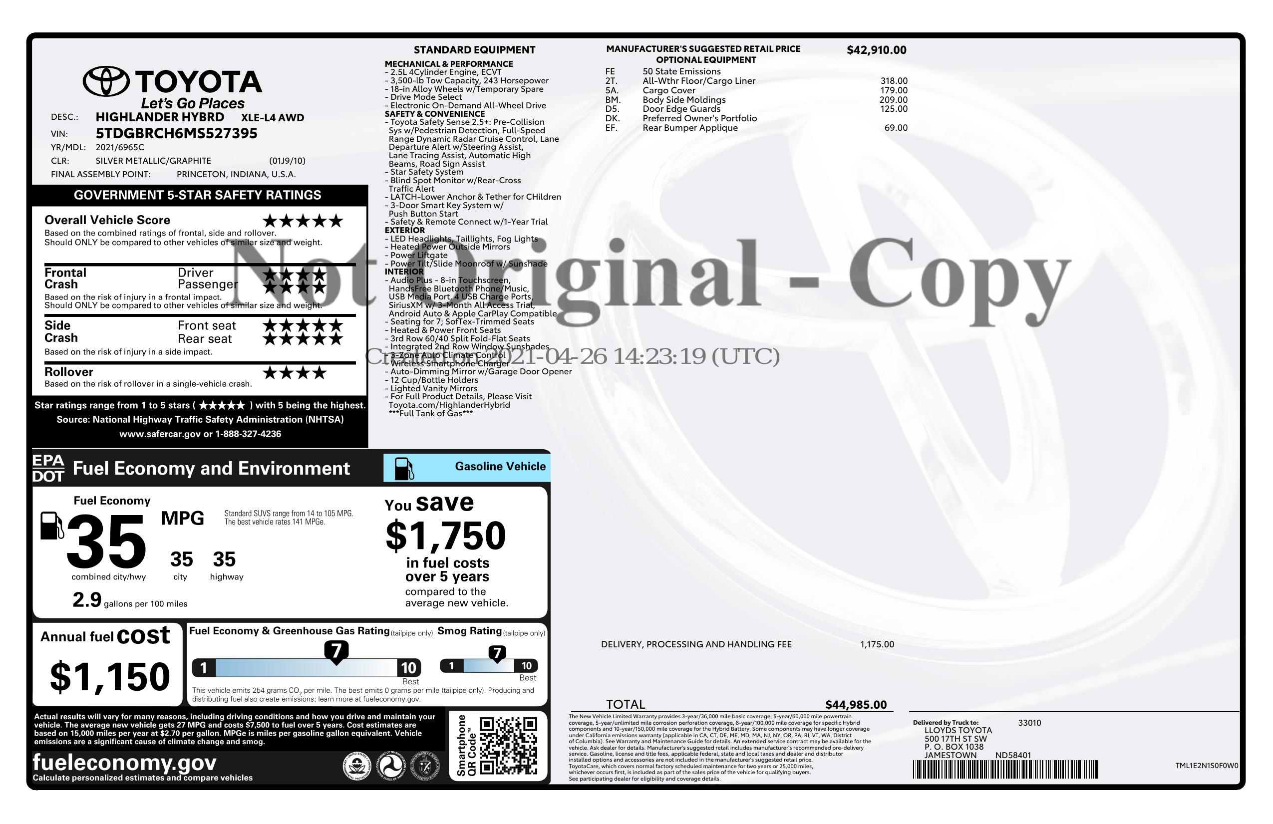 Window Sticker for 2021 Toyota Highlander Xle