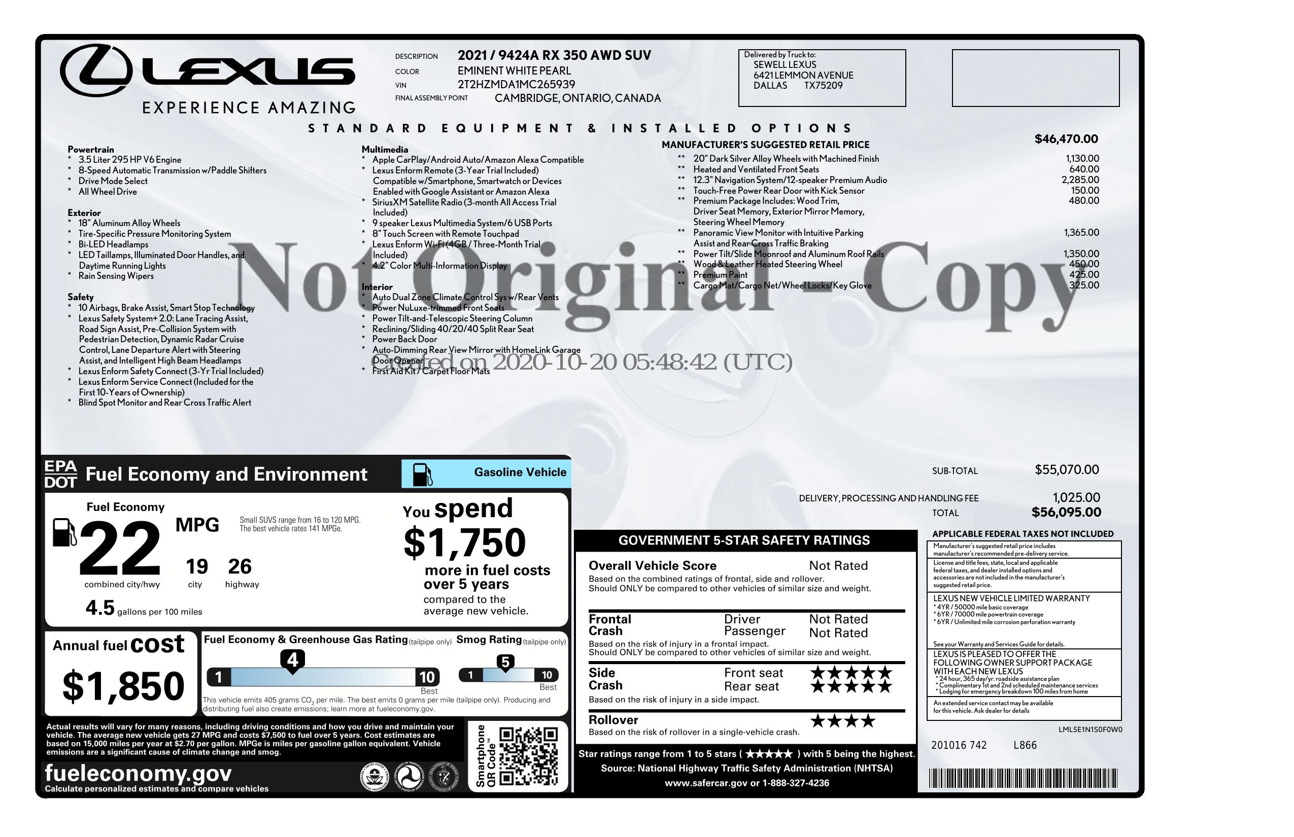 Window Sticker for 2021 Lexus Rx Rx 350 Awd