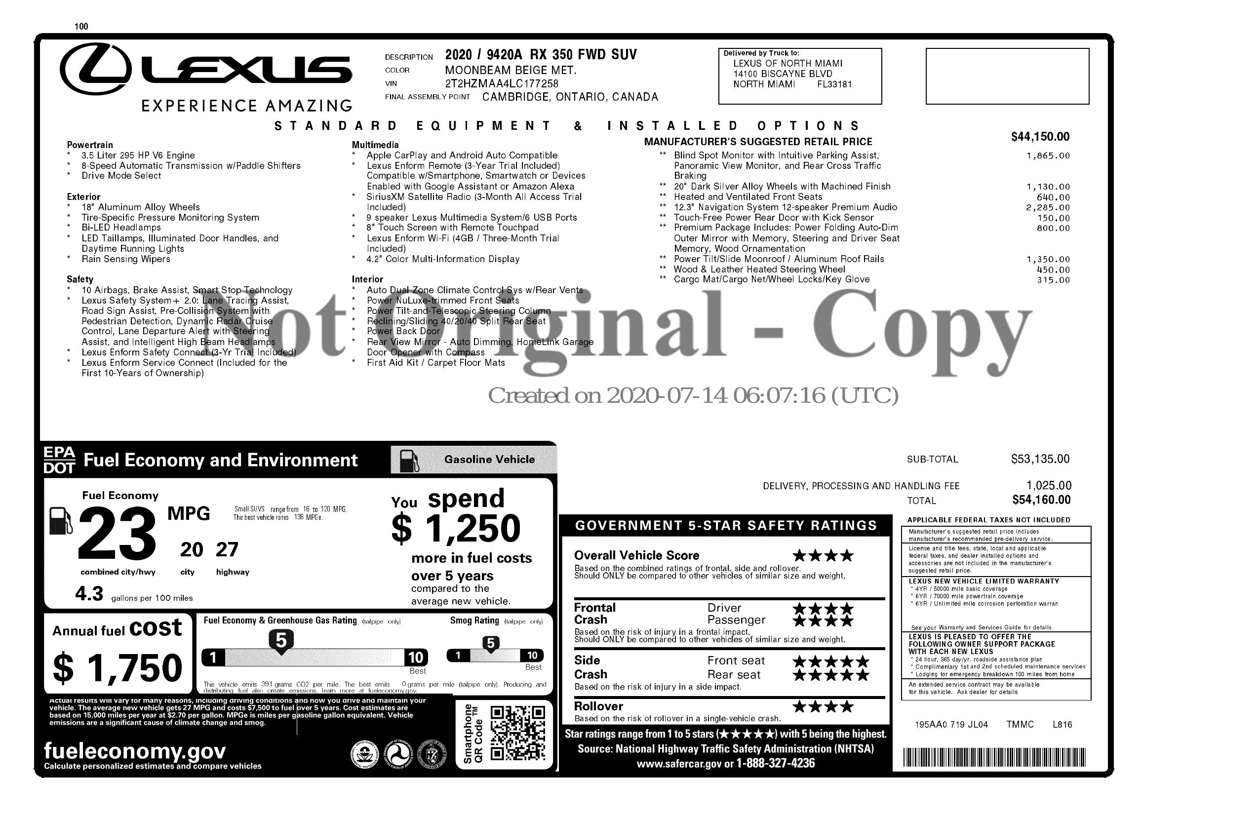 Window Sticker for 2020 Lexus Rx Rx 350 Fwd