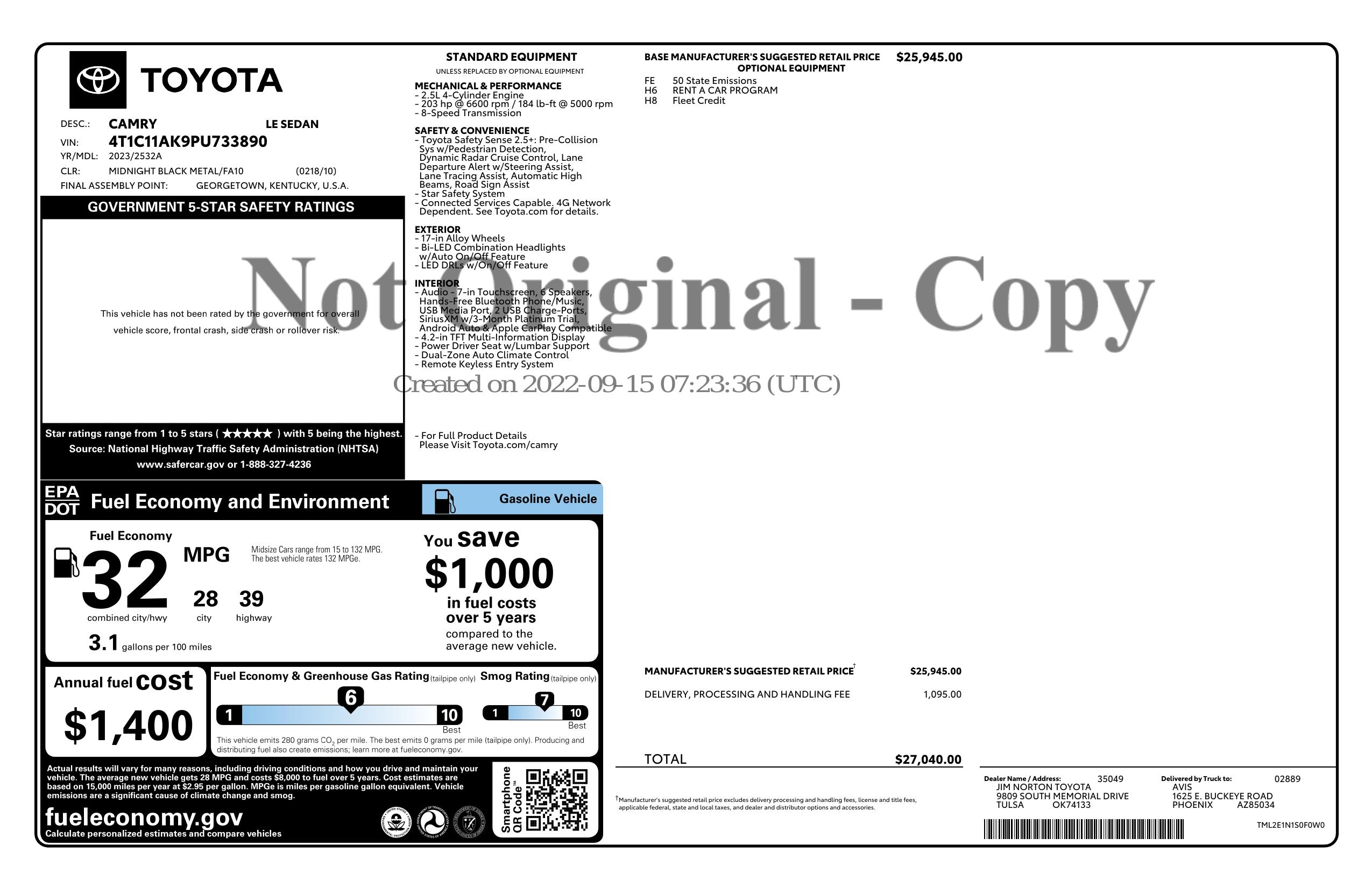 Window Sticker for 2023 Toyota Camry Le Auto (Natl)
