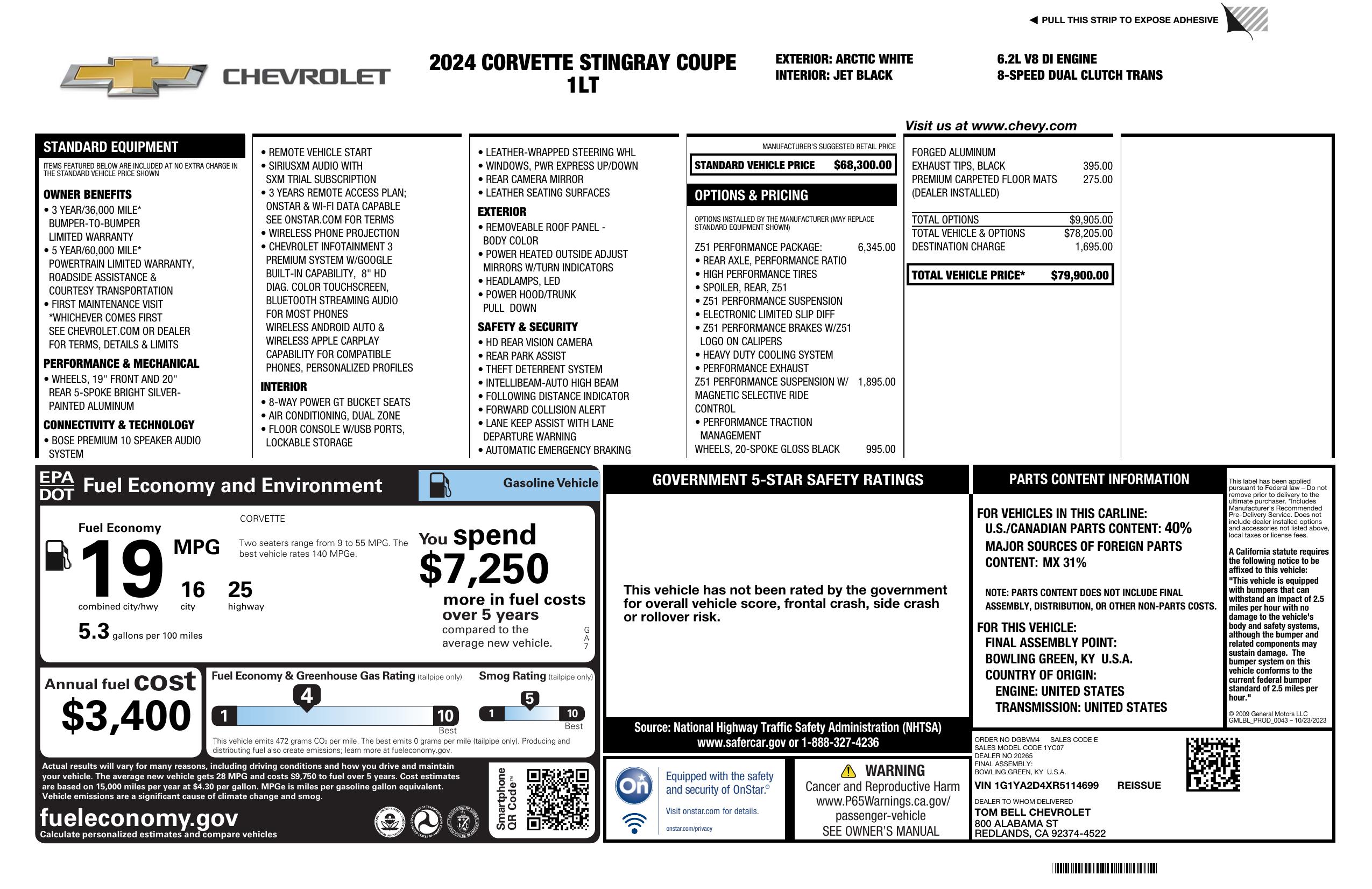 Window Sticker for 2024 Chevrolet Corvette 2dr Stingray Cpe W/1 Lt