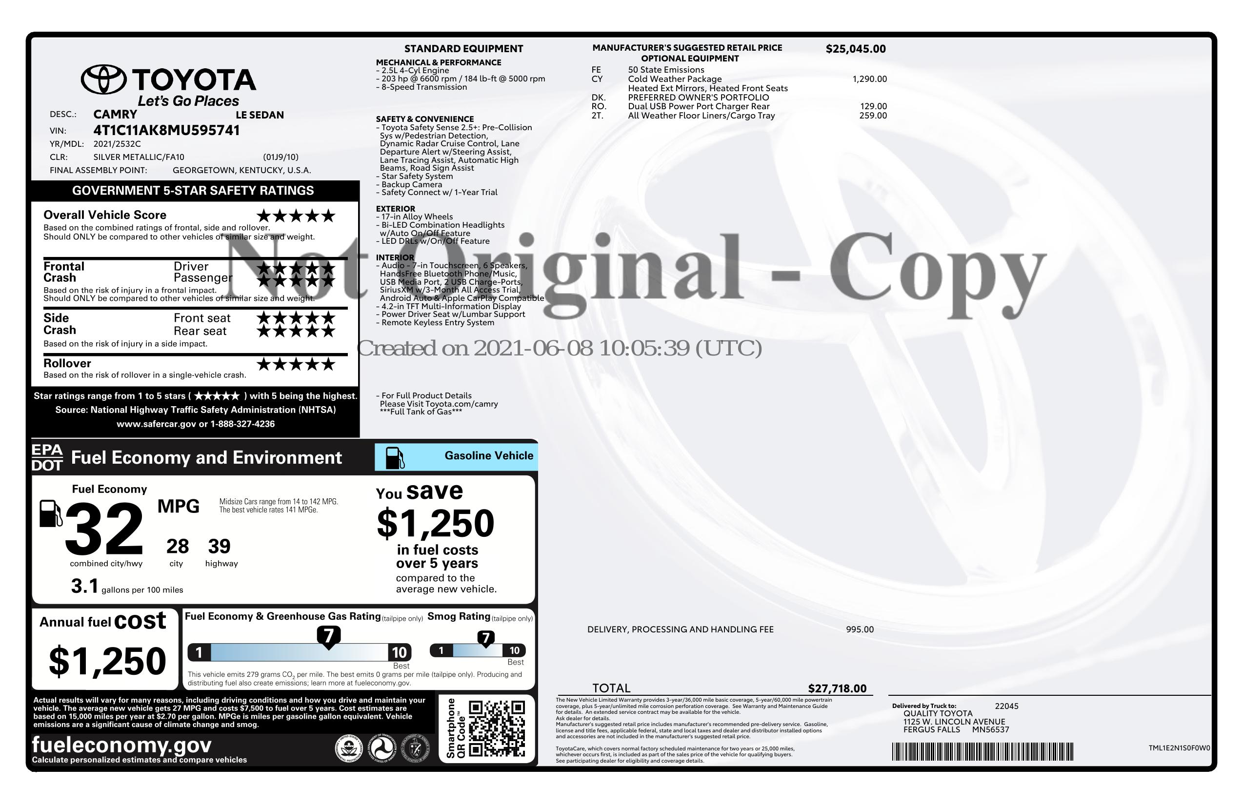 Window Sticker for 2021 Toyota Camry Le Auto (Natl)