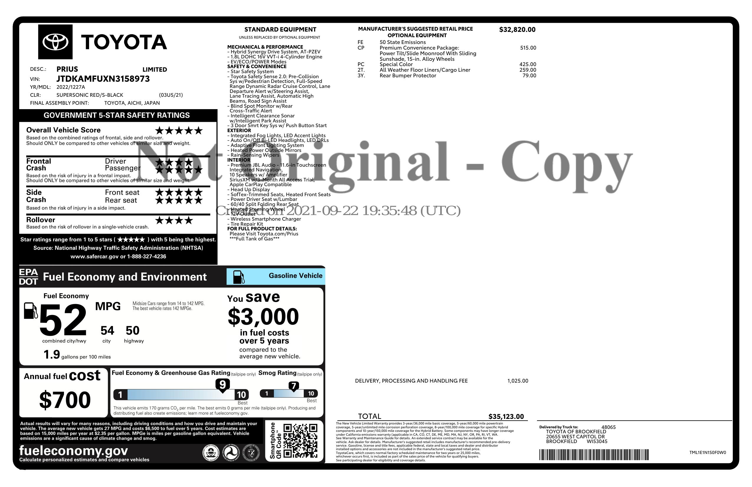 Window Sticker for 2022 Toyota Prius (Natl)