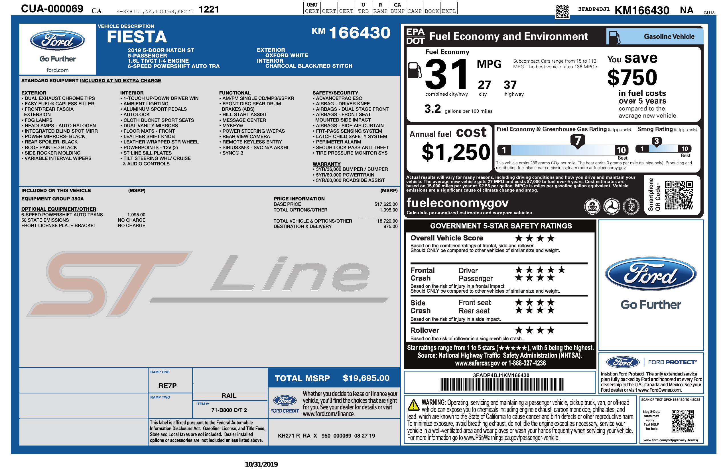 Window Sticker for 2019 Ford Fiesta St Line 4dr Hatchback
