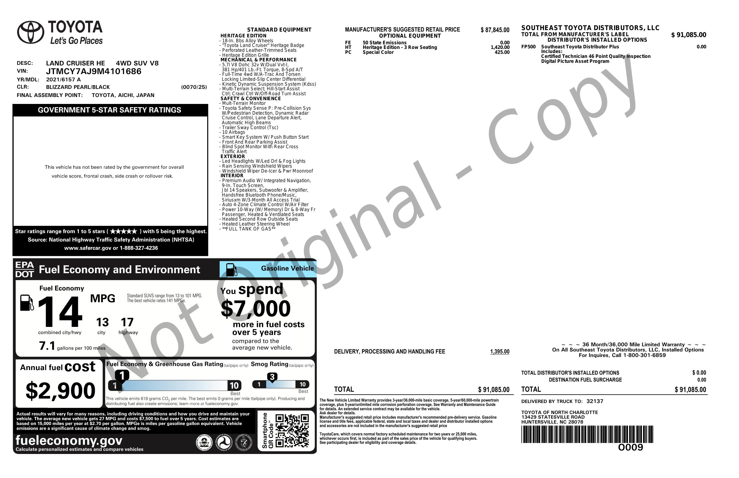 Window Sticker for 2021 Toyota Land Cruiser 4 Wd (Natl)