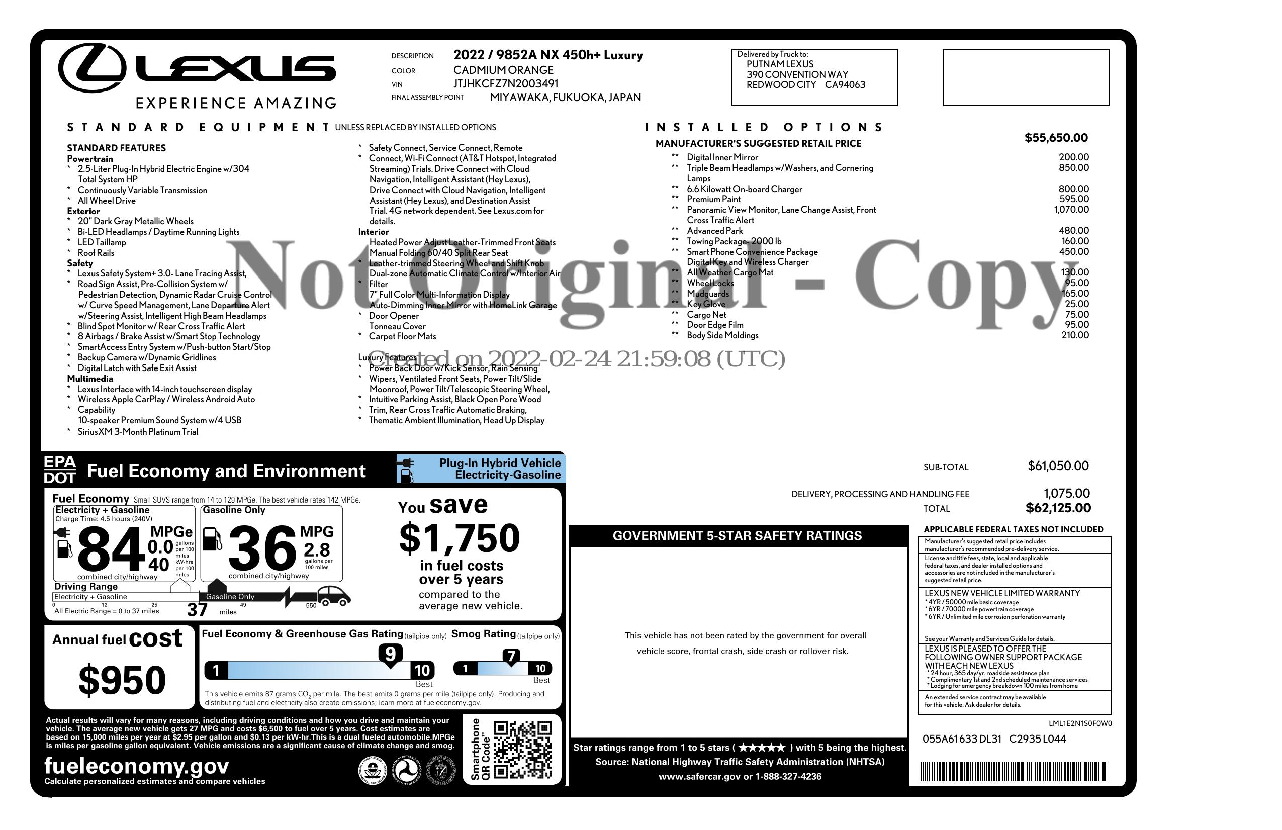 Window Sticker for 2022 Lexus Nx Nx 450h+ Luxury Awd
