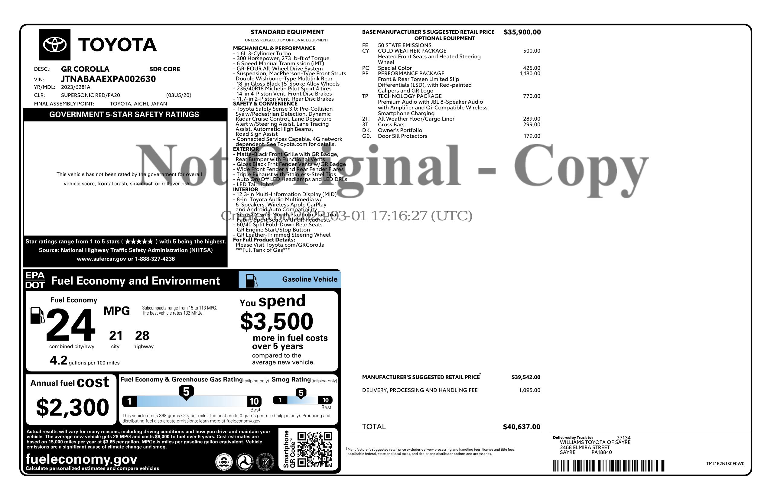 Window Sticker for 2023 Toyota Gr Corolla Manual (Natl)