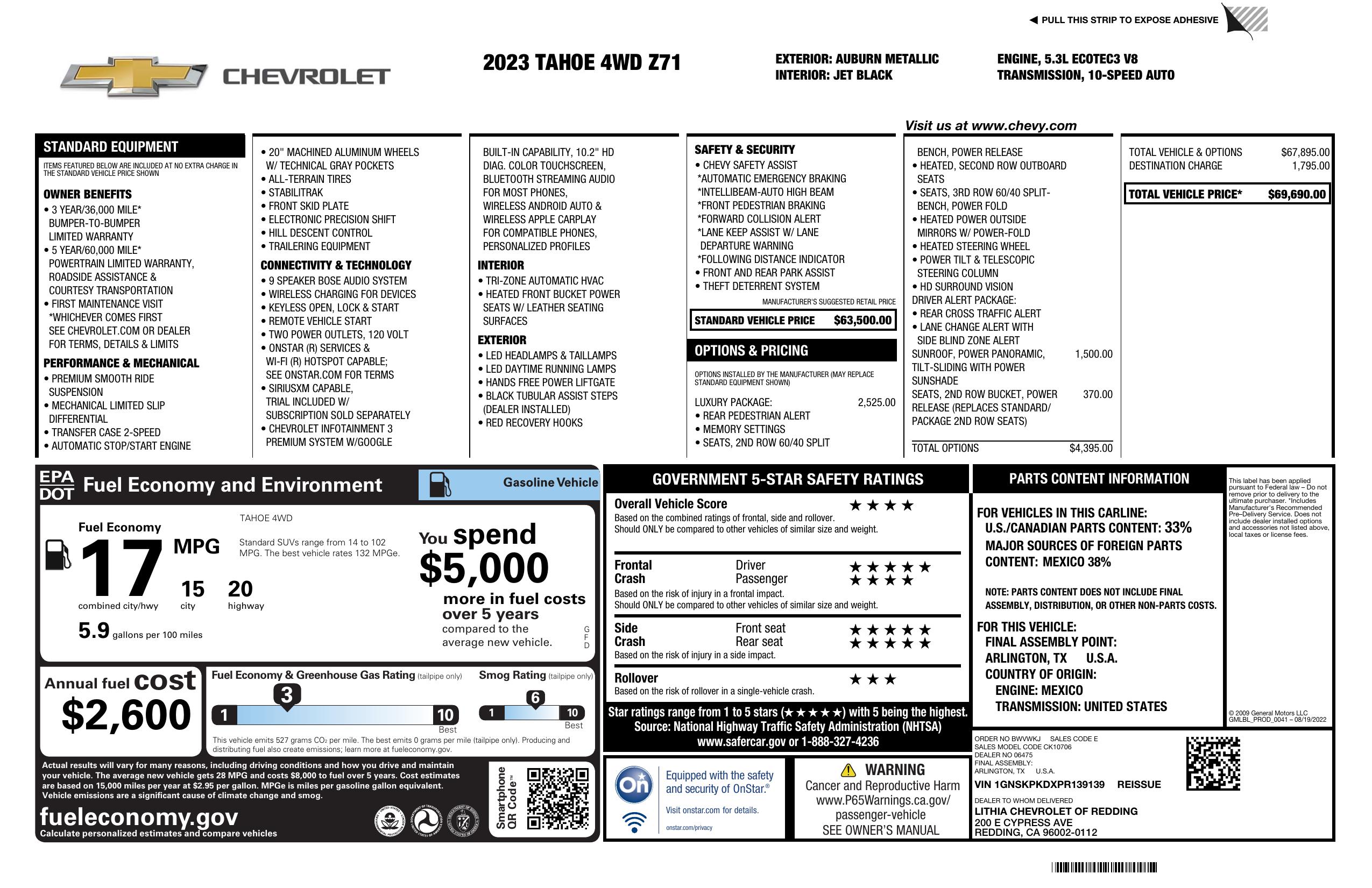 Window Sticker for 2023 Chevrolet Tahoe 4 Wd 4dr Z71