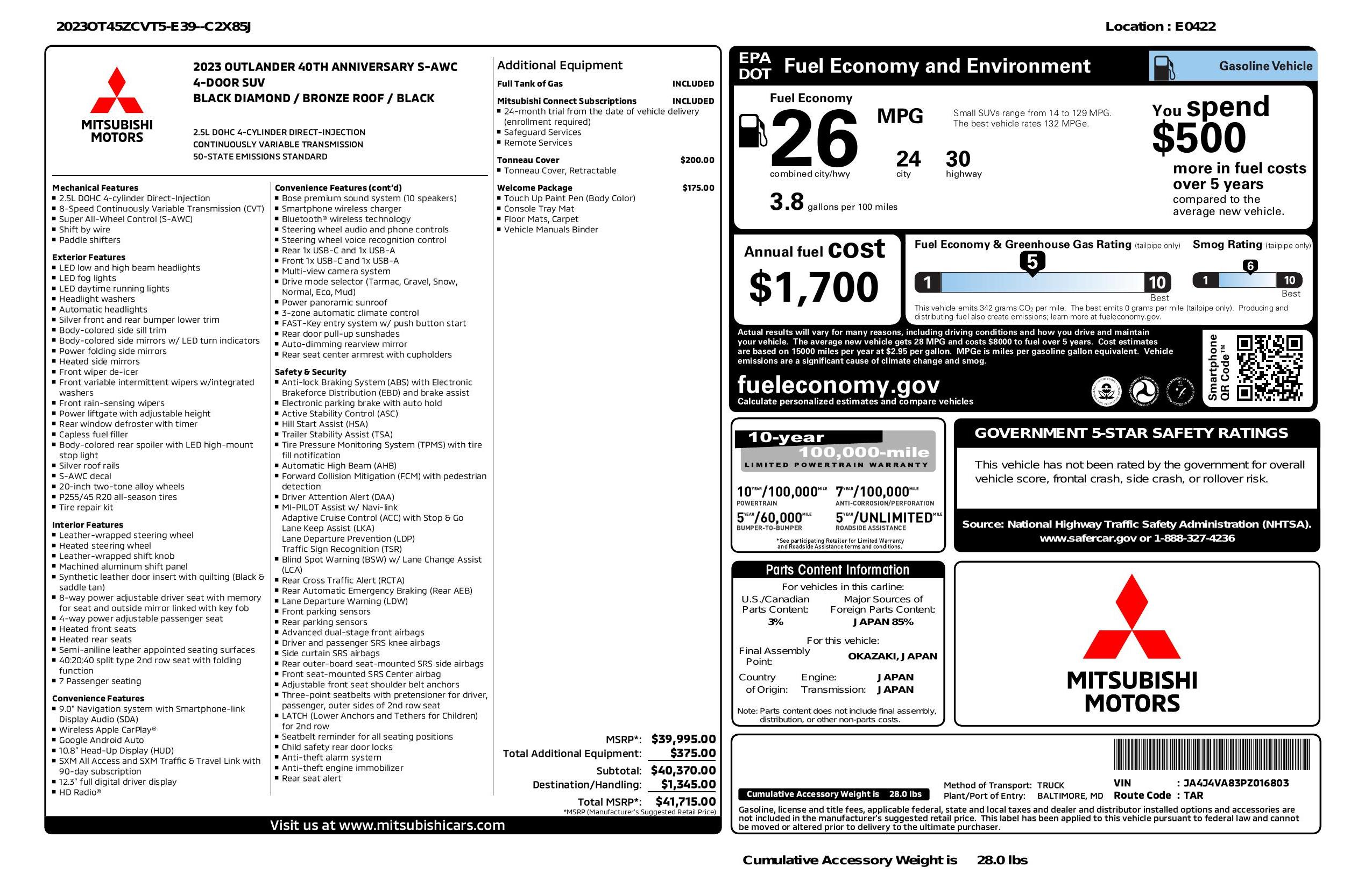 Window Sticker for 2023 Mitsubishi Outlander Sel S Awc