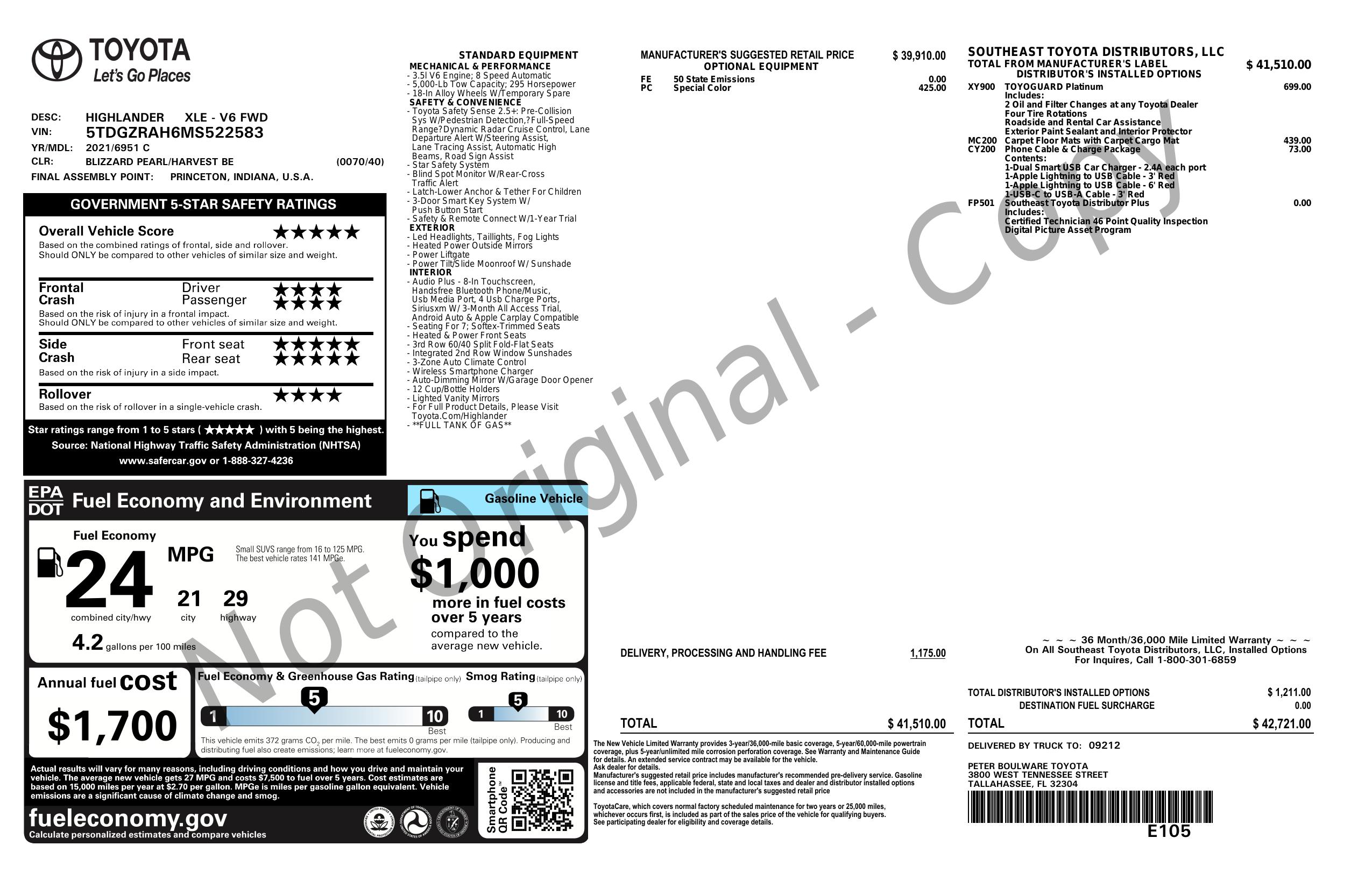 Window Sticker for 2021 Toyota Highlander Xle Fwd (Natl)