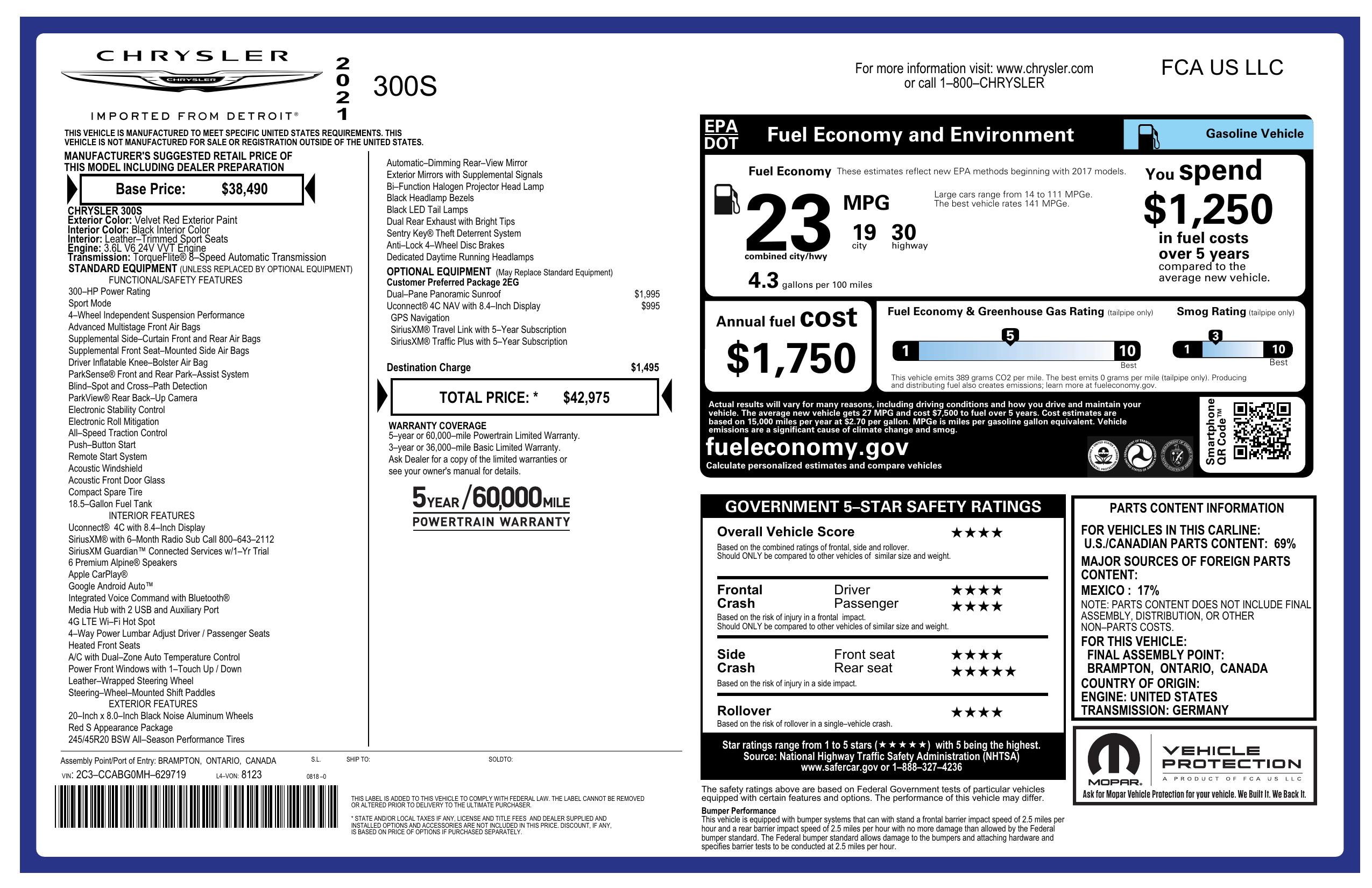 Window Sticker for 2021 Chrysler 300 300 S Rwd