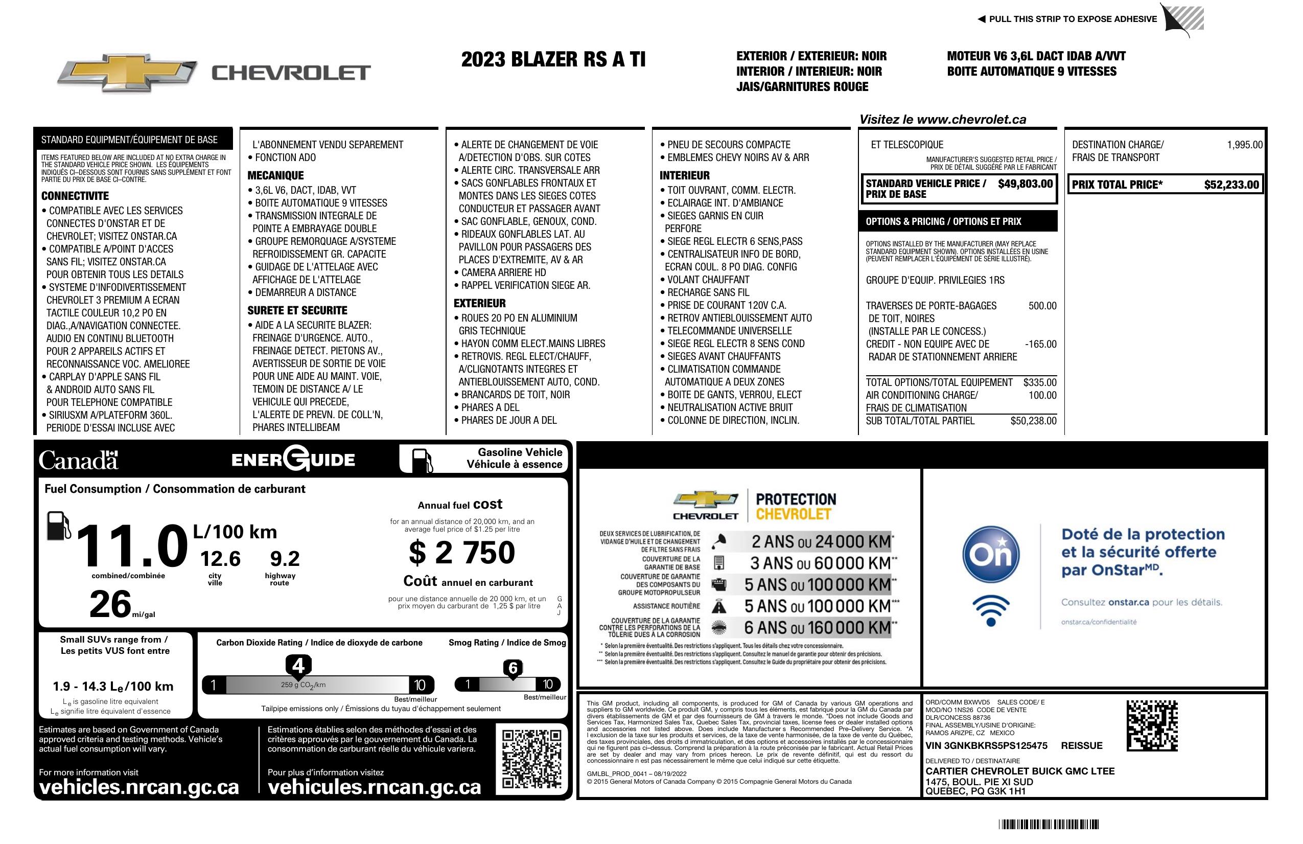 Window Sticker for 2023 Chevrolet Blazer Awd 4dr Rs