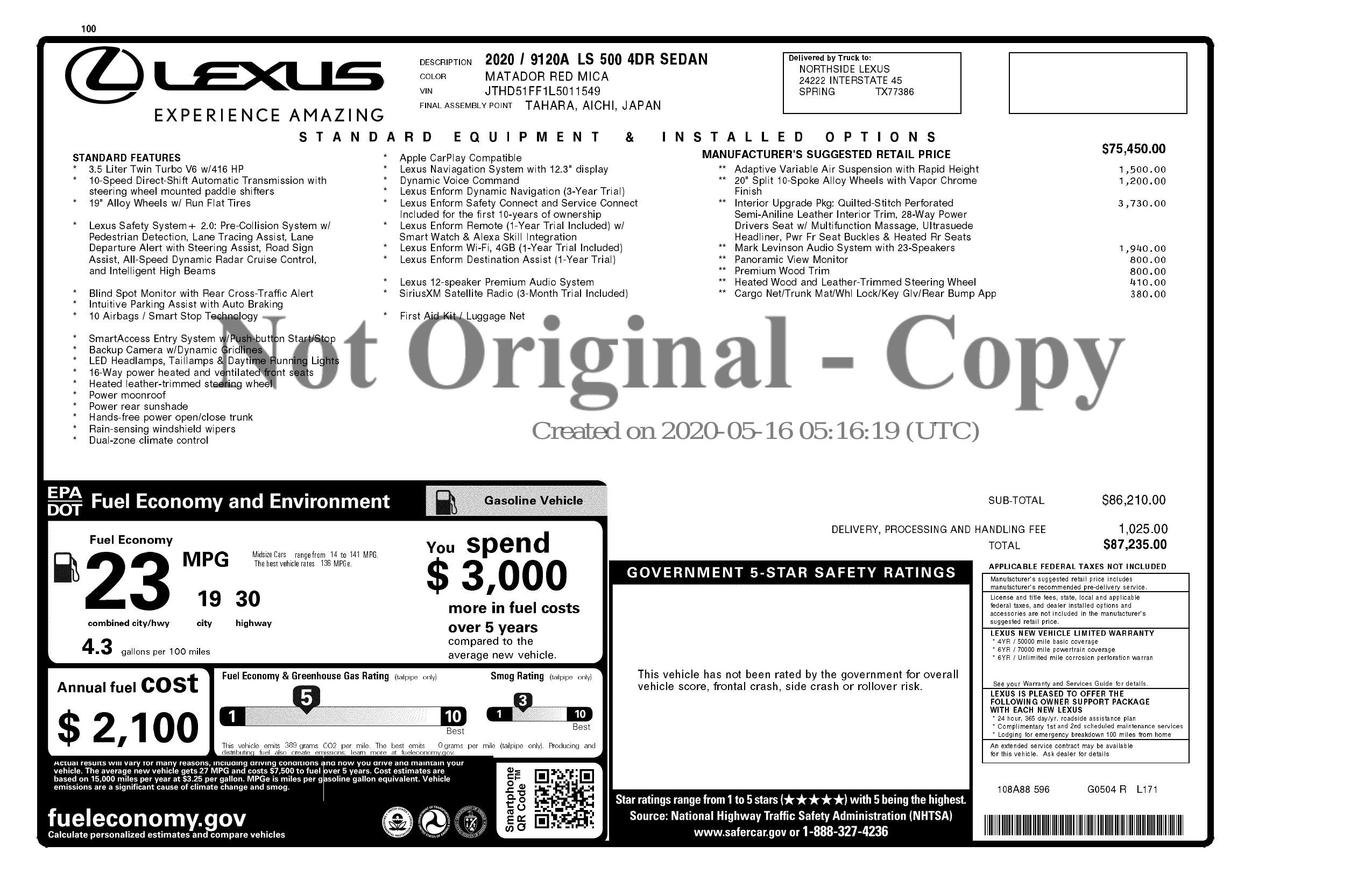 Window Sticker for 2020 Lexus Ls Ls 500 Rwd