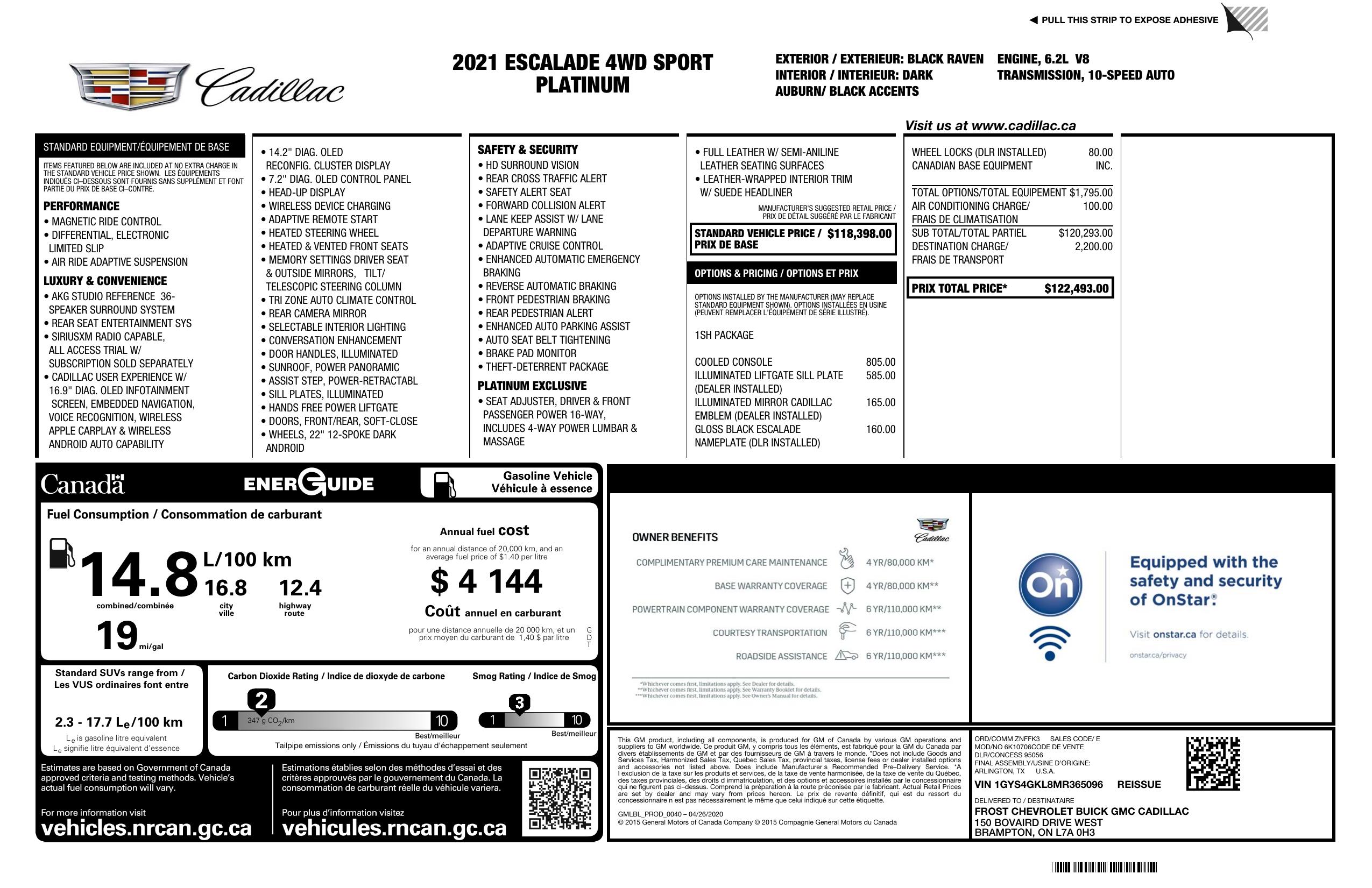 Window Sticker for 2021 Cadillac Escalade 4 Wd 4dr Sport Platinum