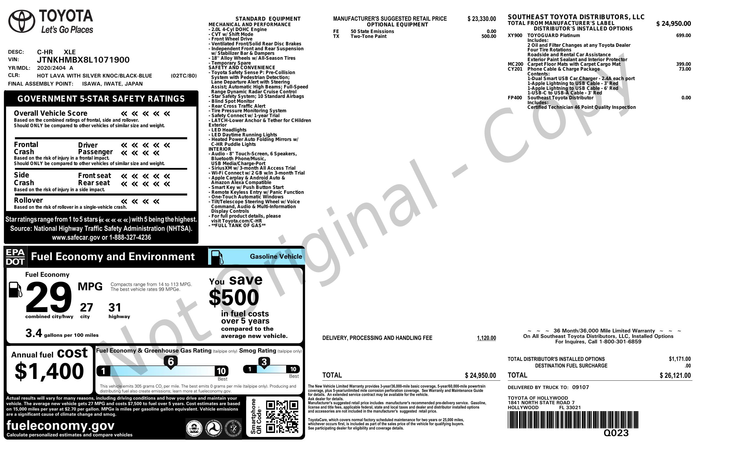 Window Sticker for 2020 Toyota C Hr Fwd (Natl)