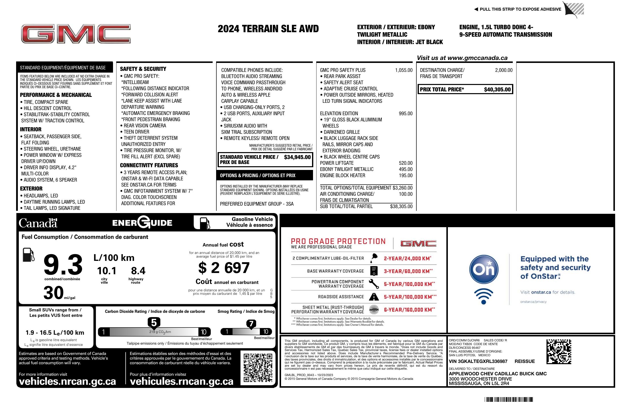 Window Sticker for 2024 GMC Terrain Awd 4dr Sle