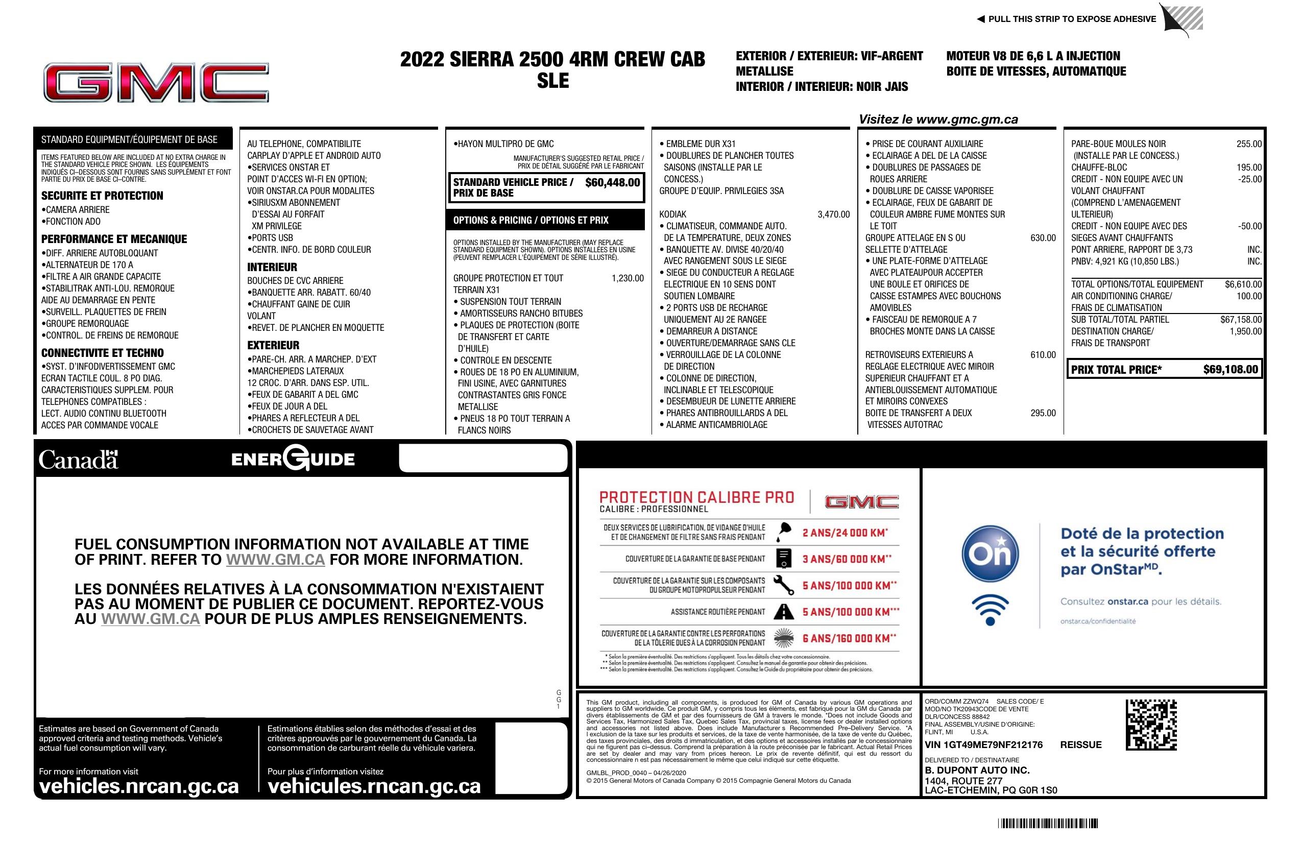 Window Sticker for 2022 GMC Sierra 2500 Hd 4 Wd Crew Cab Sle