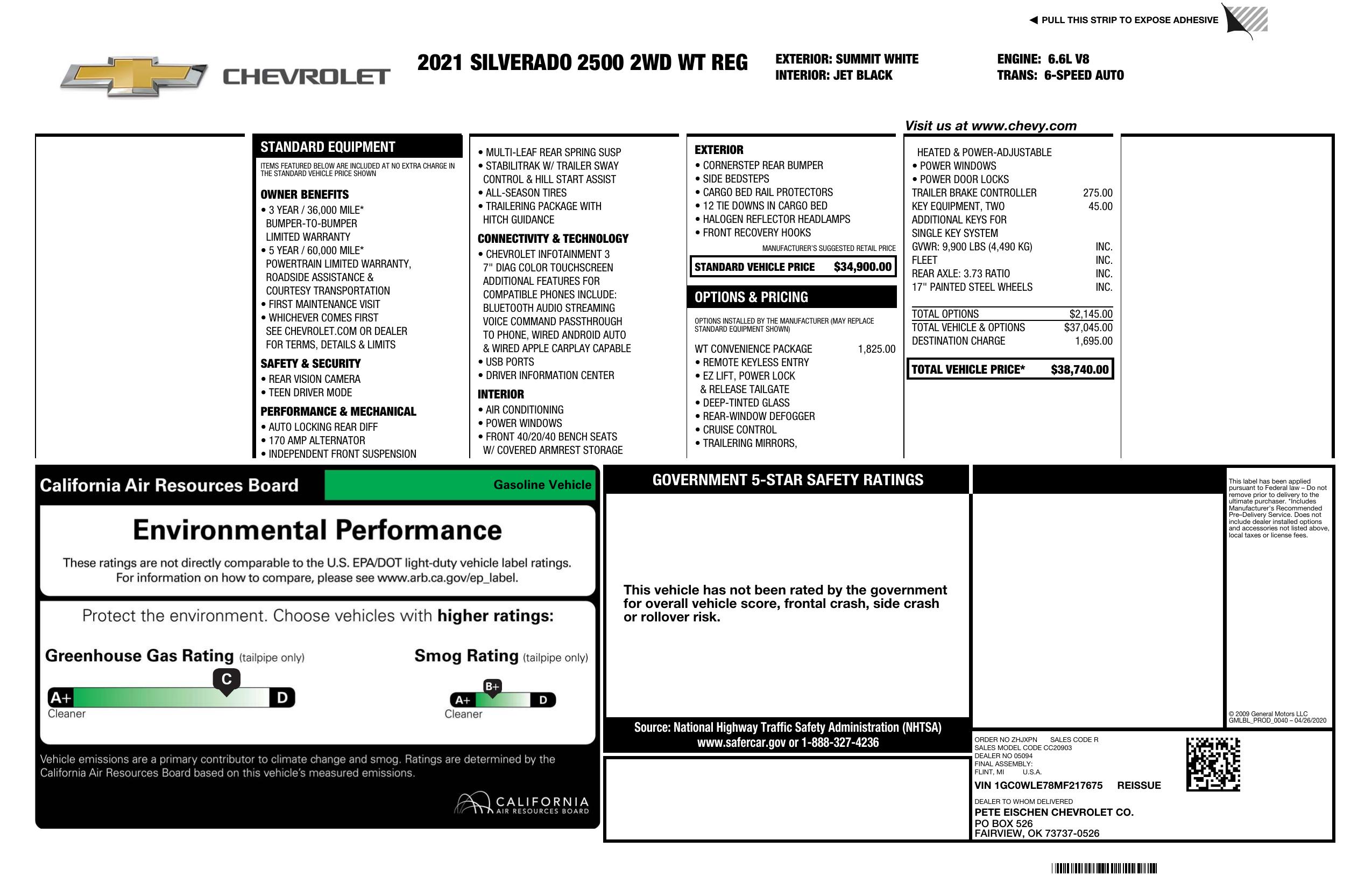 Window Sticker for 2021 Chevrolet Silverado 2500 Hd 2 Wd Reg Cab 142 ...