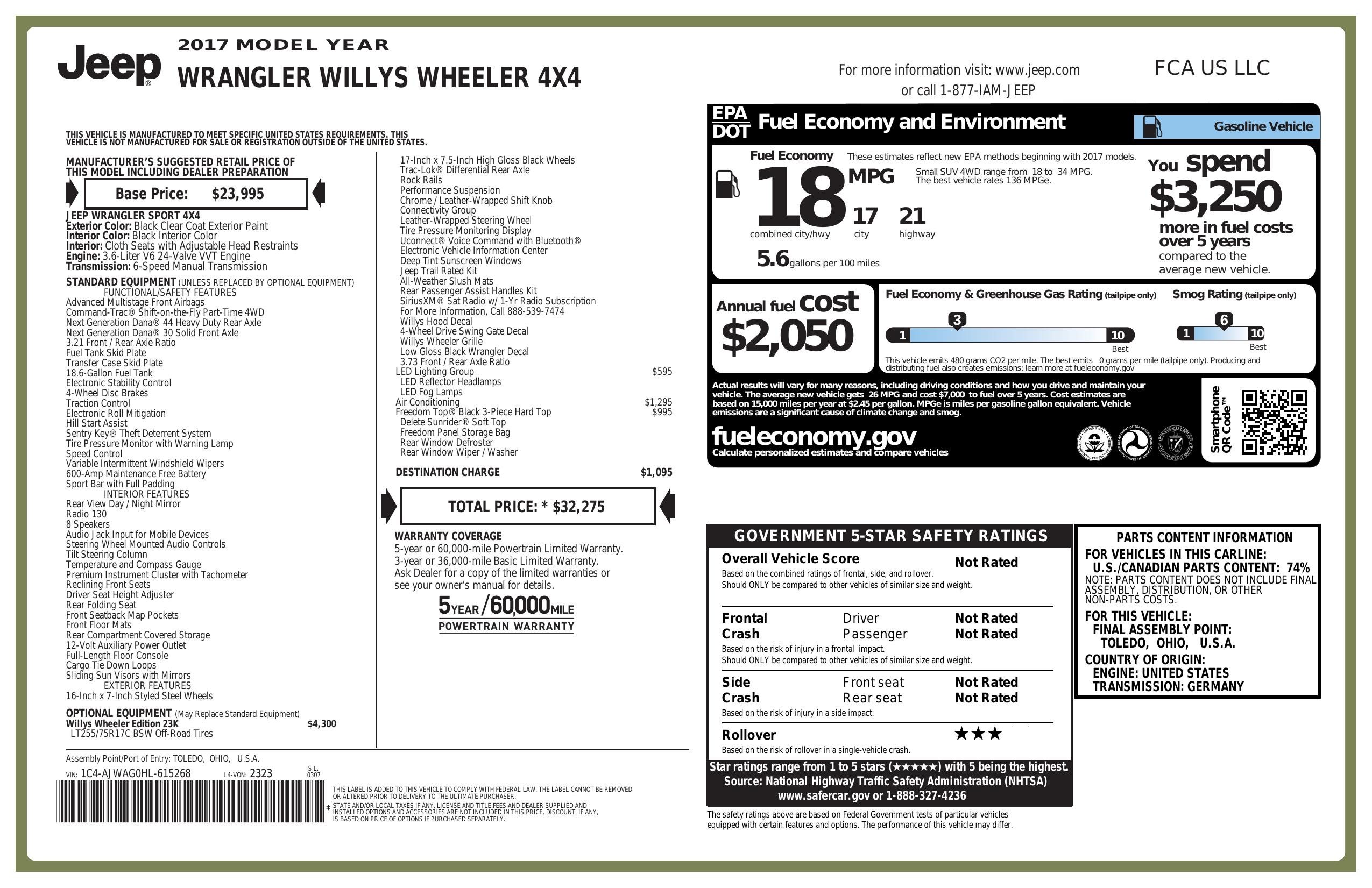 Window Sticker for 2017 Jeep Wrangler Willys Wheeler 4x4