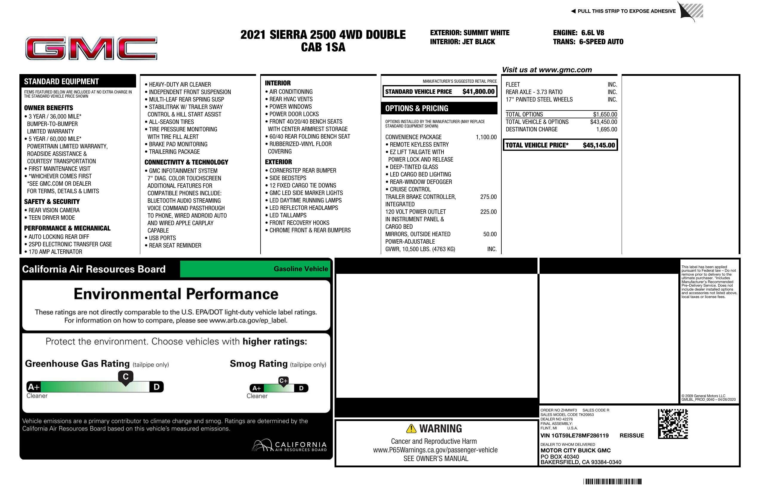 Window Sticker for 2021 GMC Sierra 2500 Hd 4 Wd Double Cab 162"