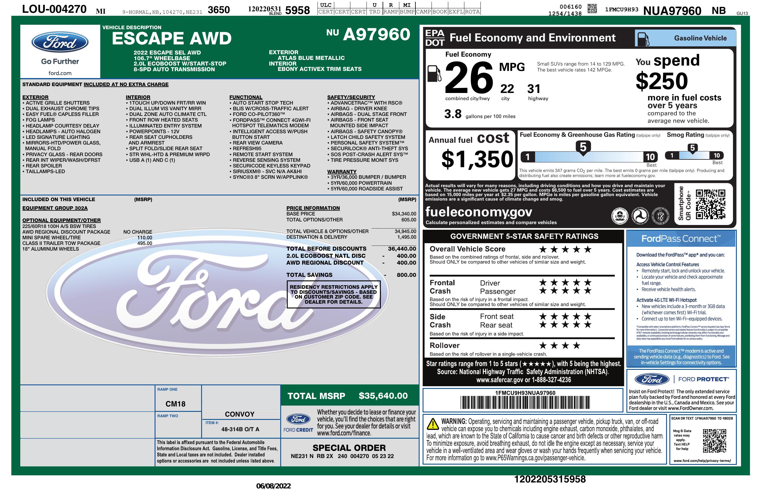 Window Sticker for 2022 Ford Escape Awd Sel 4dr Suv