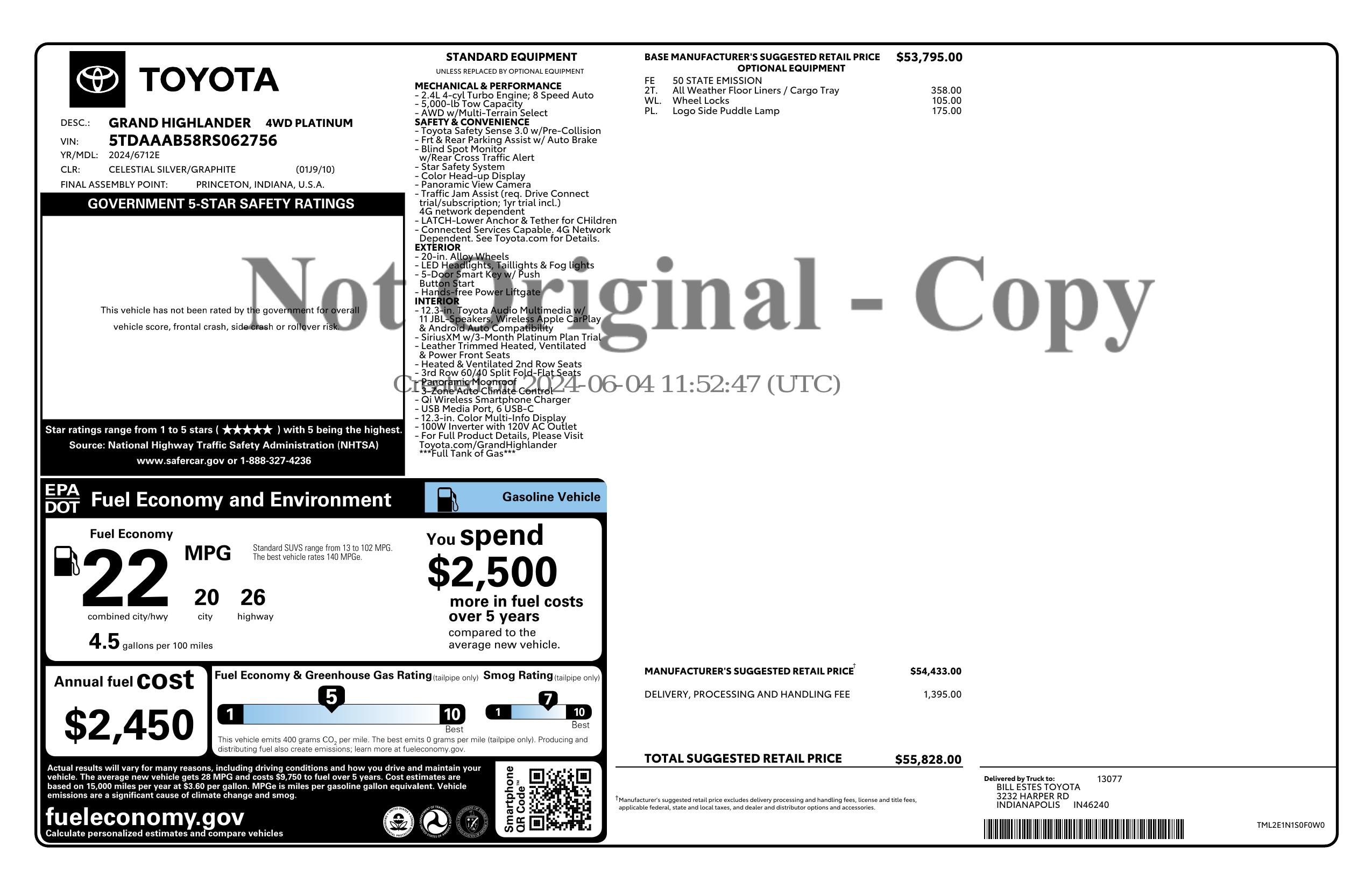 Window Sticker for 2024 Toyota Grand Highlander Platinum