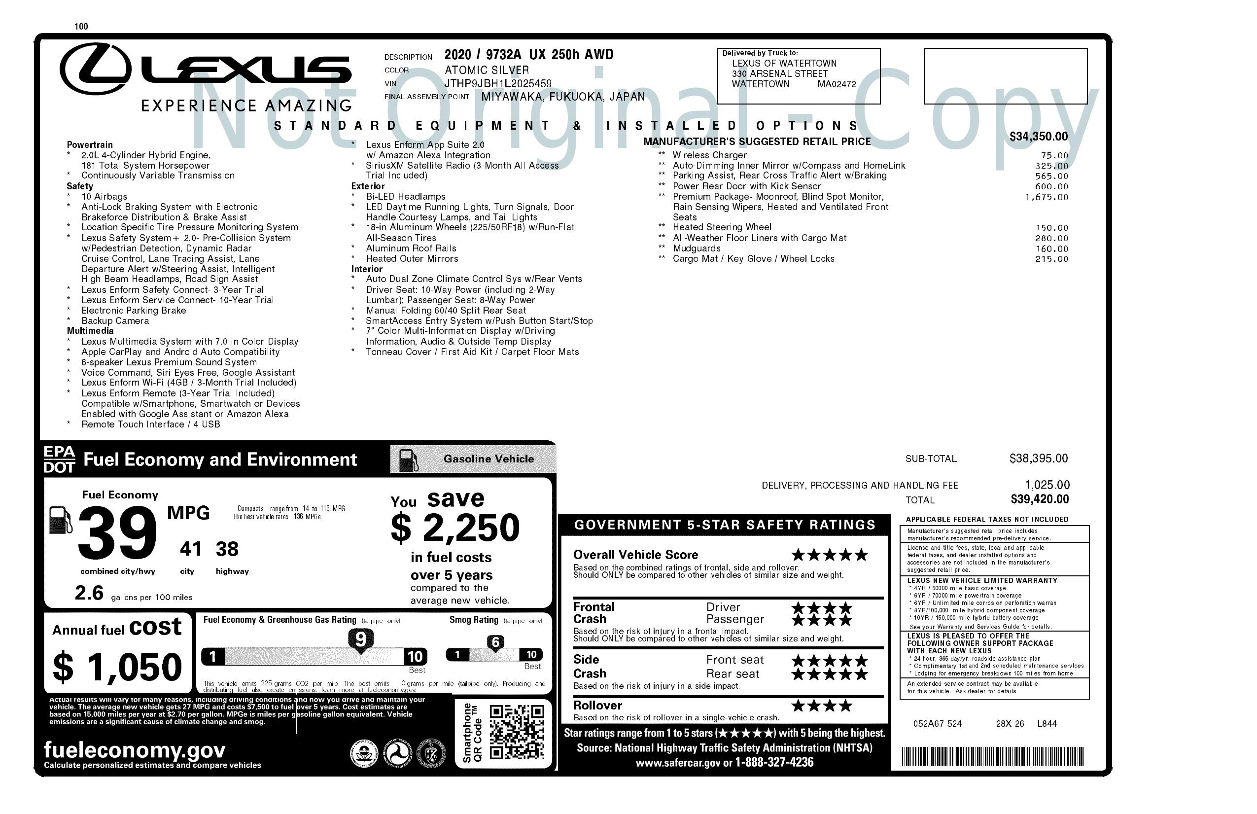 Window Sticker for 2020 Lexus Ux Ux 250h Awd