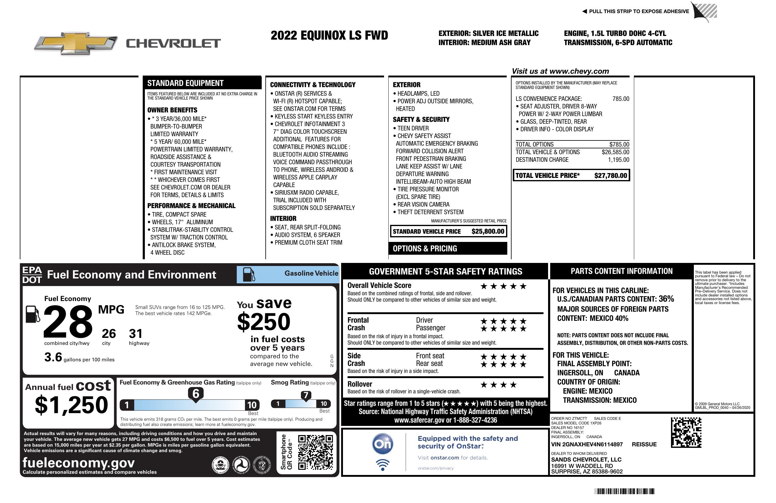 Window Sticker for 2022 Chevrolet Equinox Fwd 4dr Ls W/1 Ls