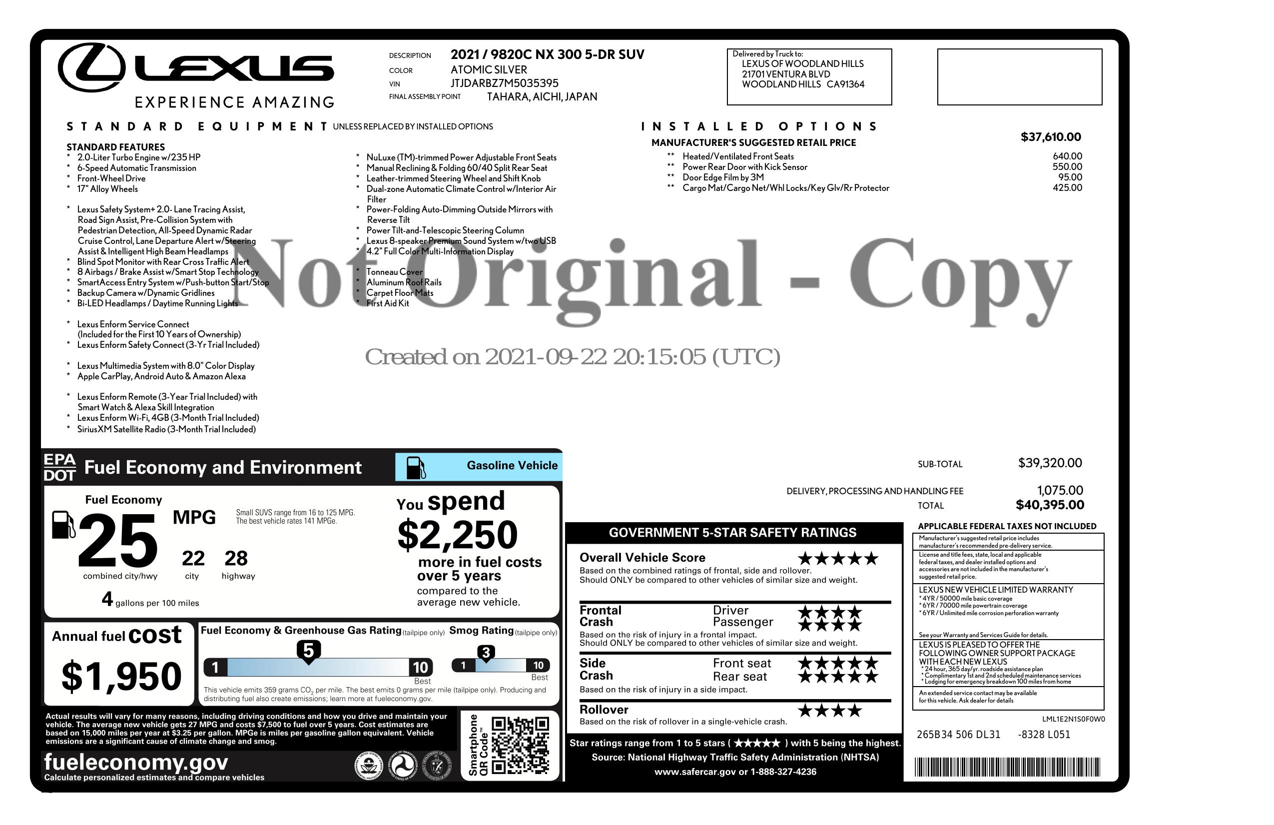 Window Sticker for 2021 Lexus Nx Nx 300 Fwd