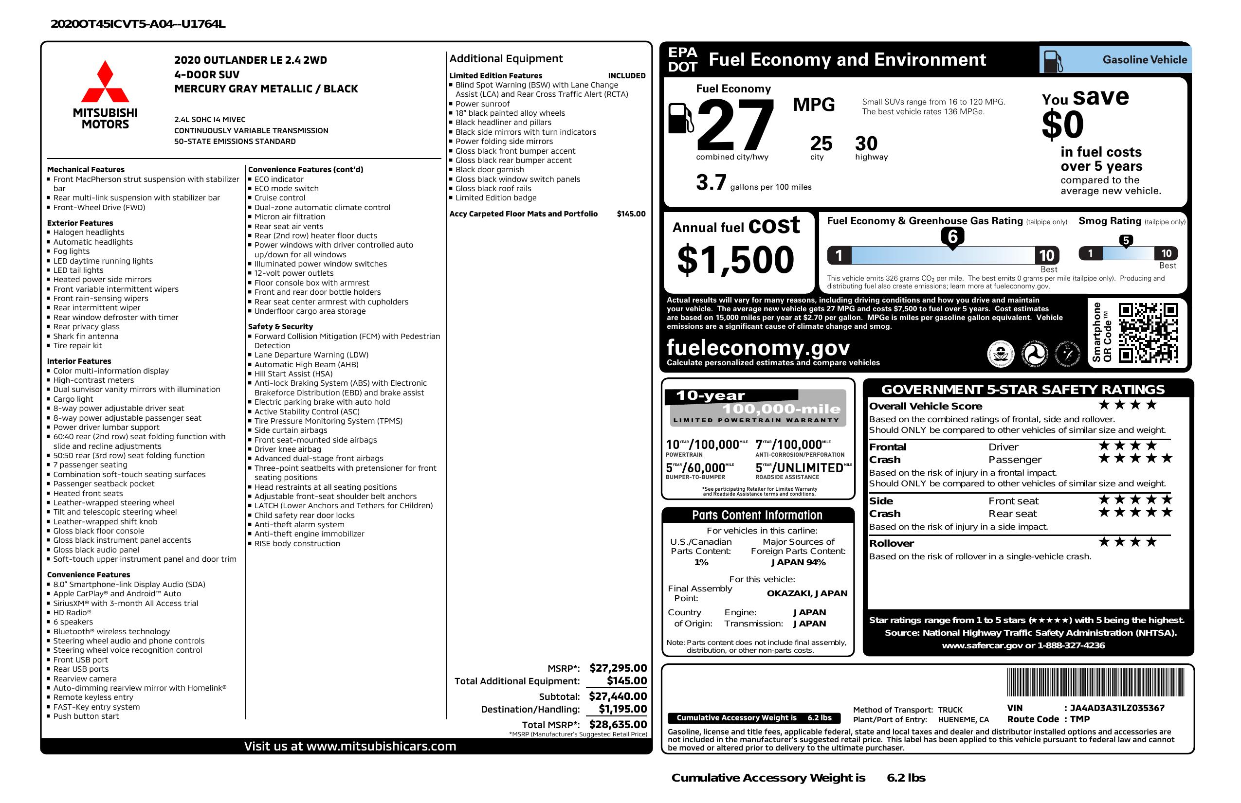 Window Sticker for 2020 Mitsubishi Outlander Fwd