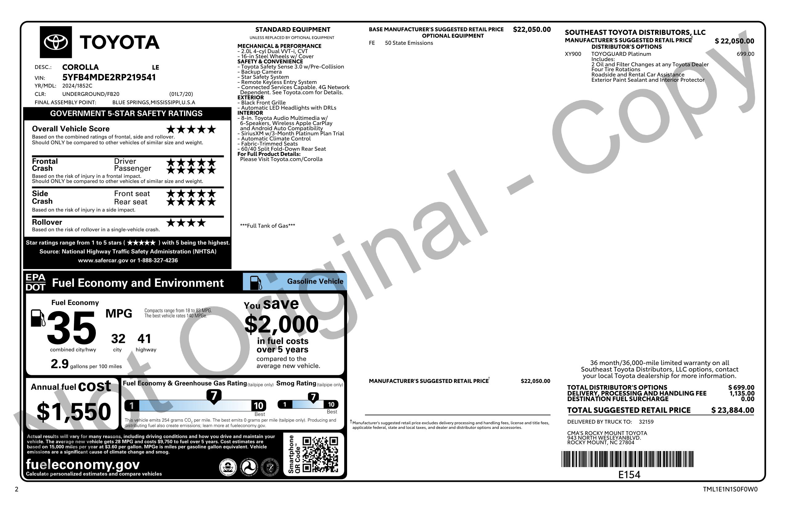 Window Sticker for 2024 Toyota Corolla Le Cvt (Natl)