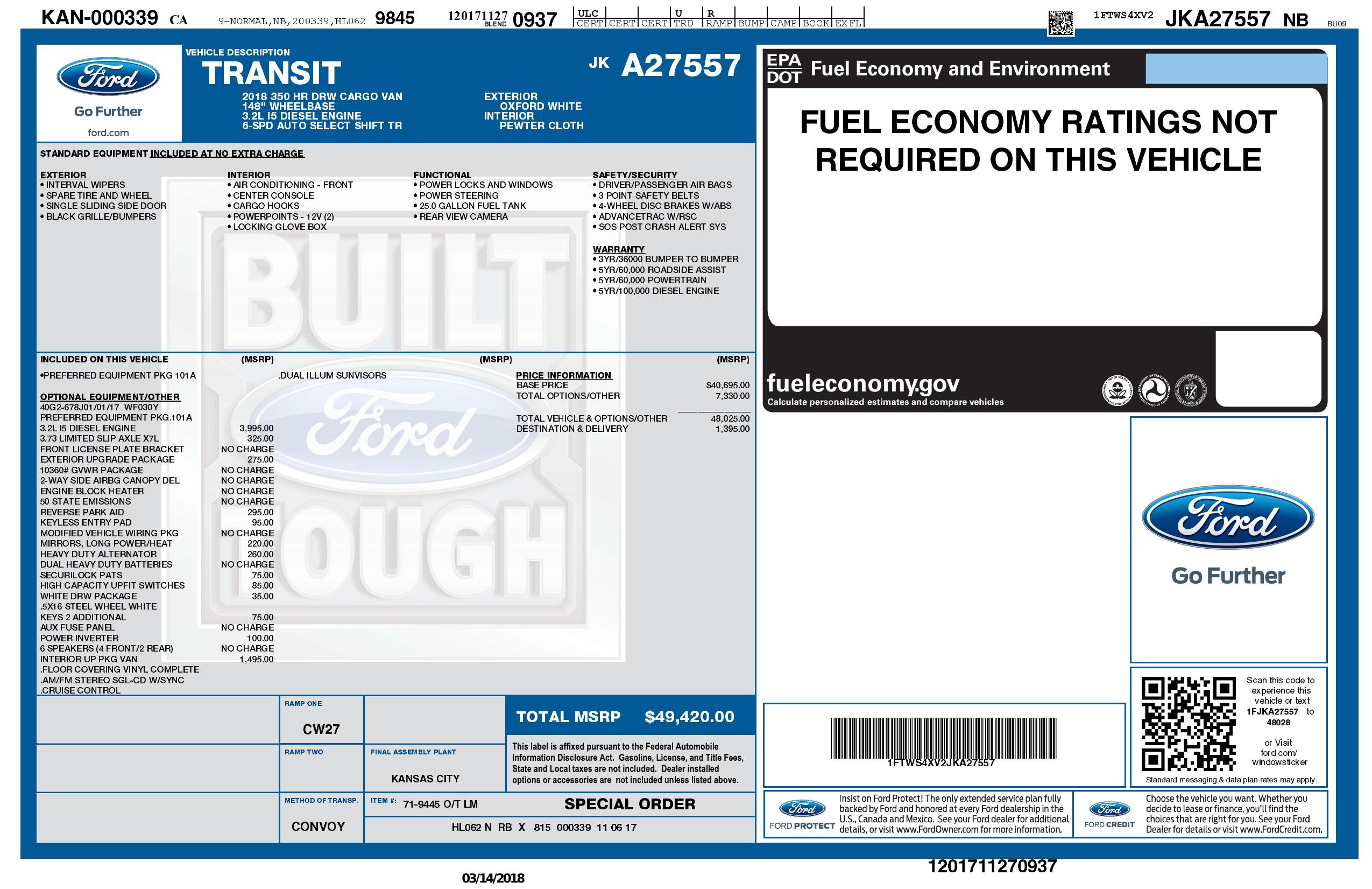 Window Sticker for 2018 Ford Transit Van 350 Hd 3dr Lwb High Roof Drw ...