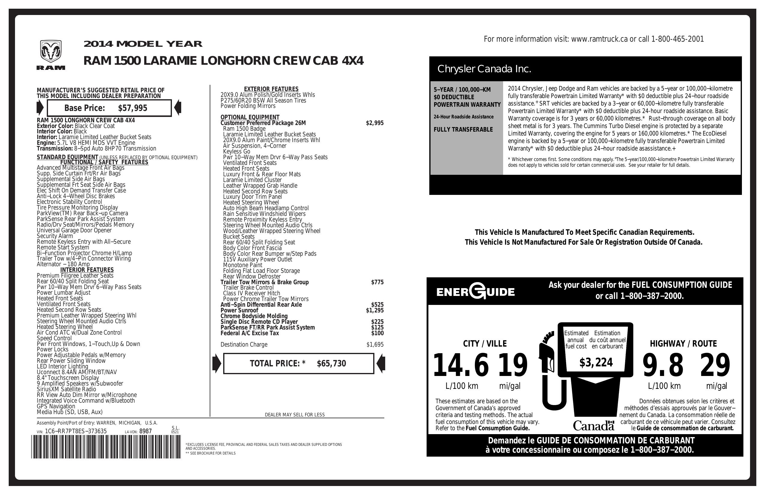 Window Sticker for 2014 Ram 1500 4 Wd Crew Cab 140.5" Longhorn Limited