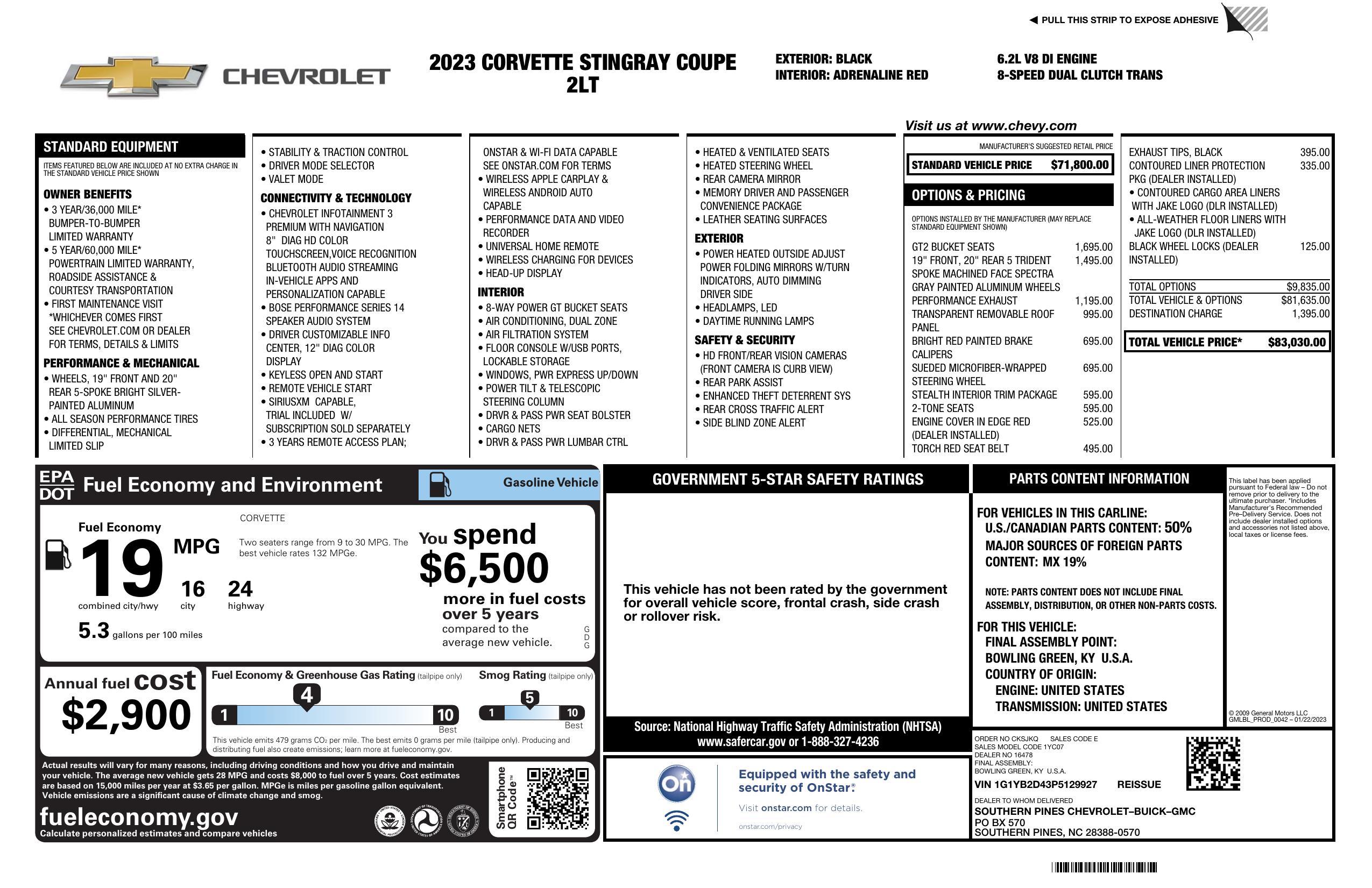 Window Sticker for 2023 Chevrolet Corvette 2dr Stingray Cpe W/2 Lt