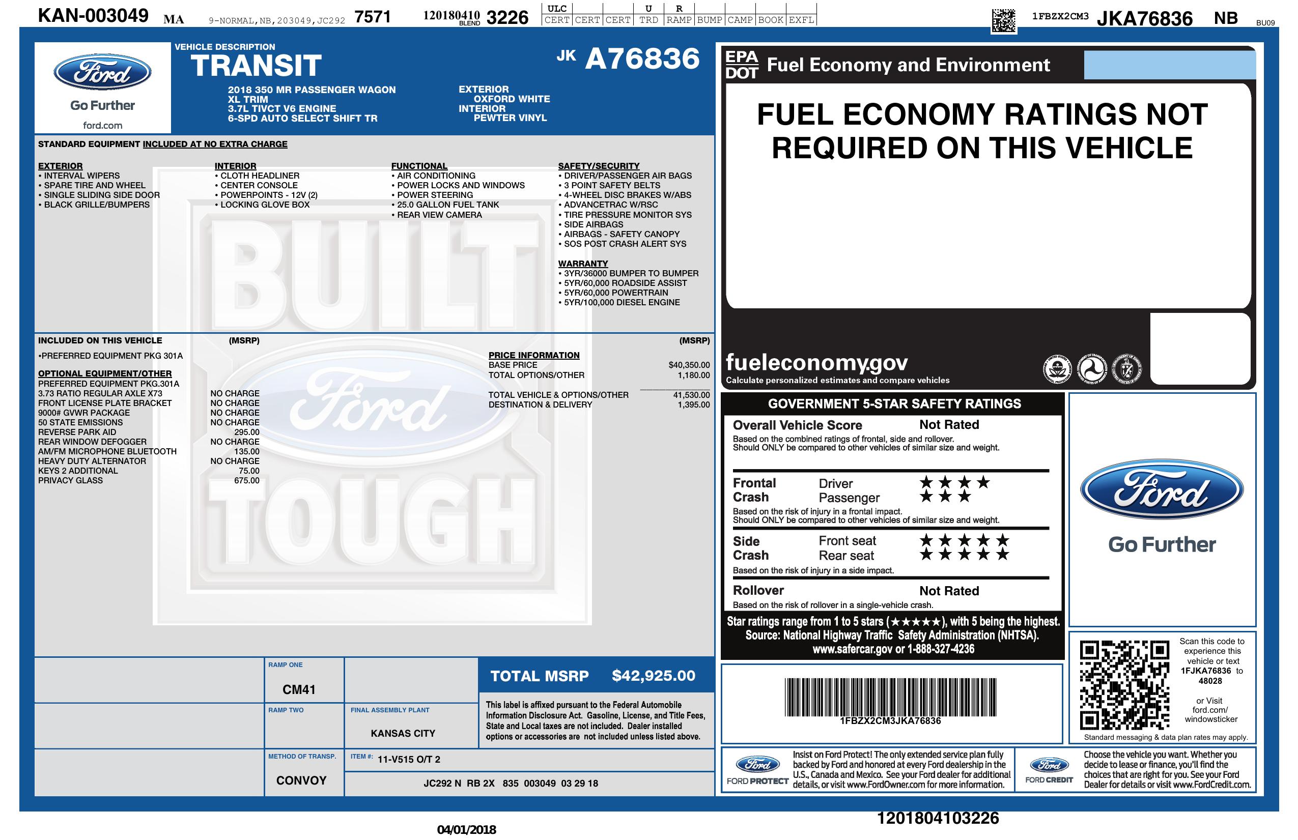 Window Sticker for 2018 Ford Transit Passenger Wagon 350 Xl 3dr Lwb ...