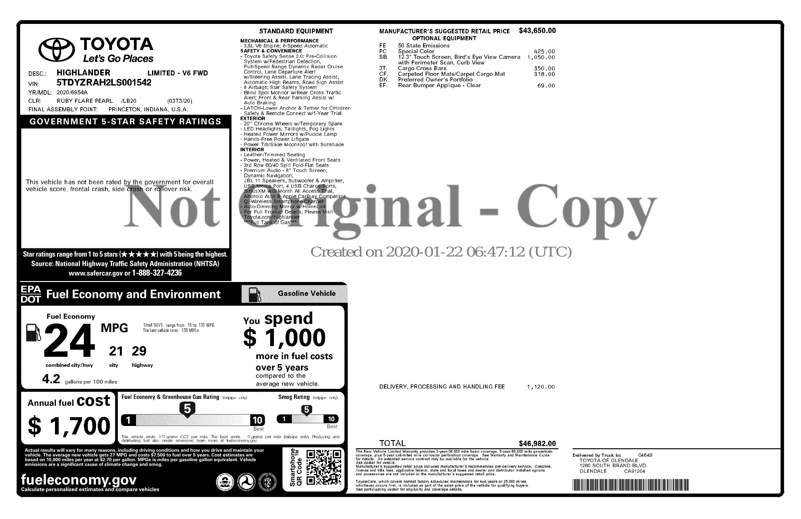 Window Sticker for 2020 Toyota Highlander Limited Fwd (Natl)