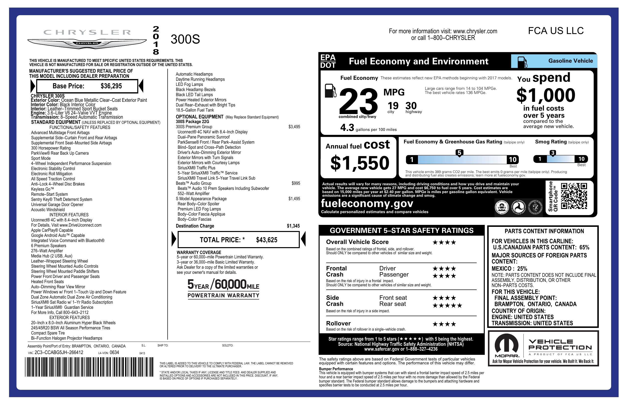 Window Sticker for 2018 Chrysler 300 300 S Rwd