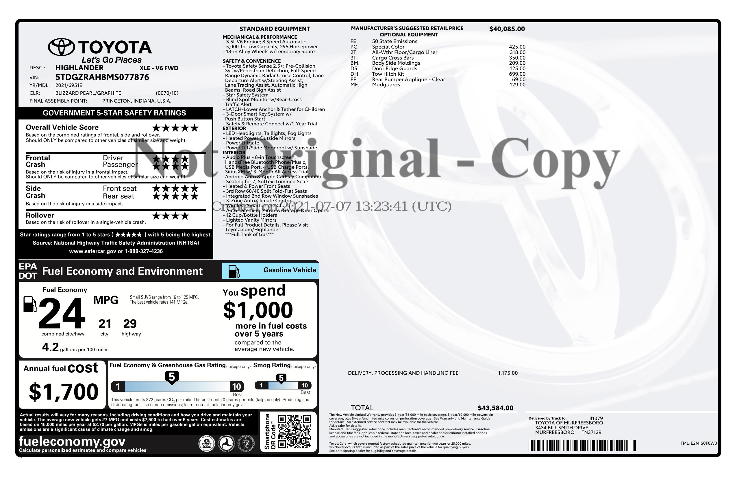 Window Sticker for 2021 Toyota Highlander Xle Fwd (Natl)