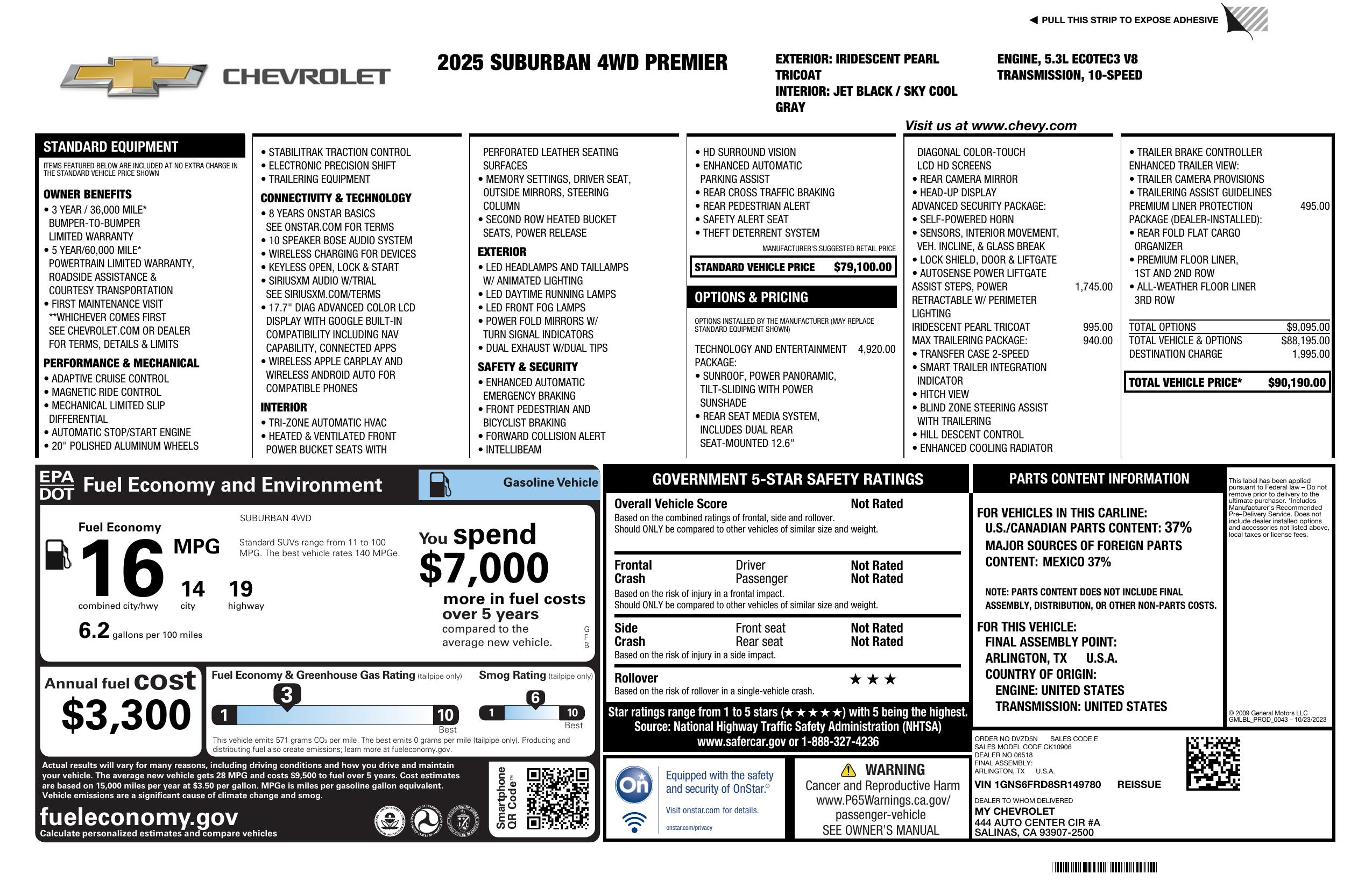 Window Sticker for 2025 Chevrolet Suburban 4 Wd 4dr Premier