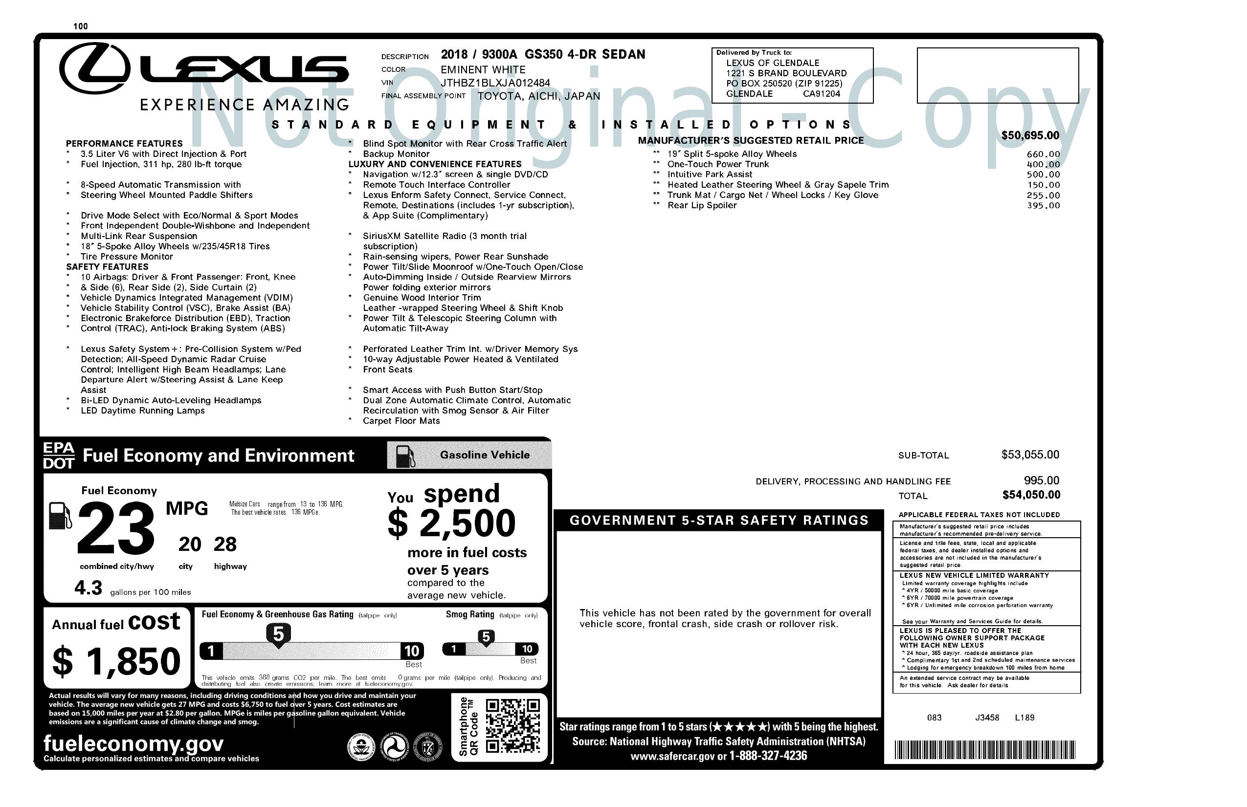 Window Sticker for 2018 Lexus Gs Gs 350 Rwd