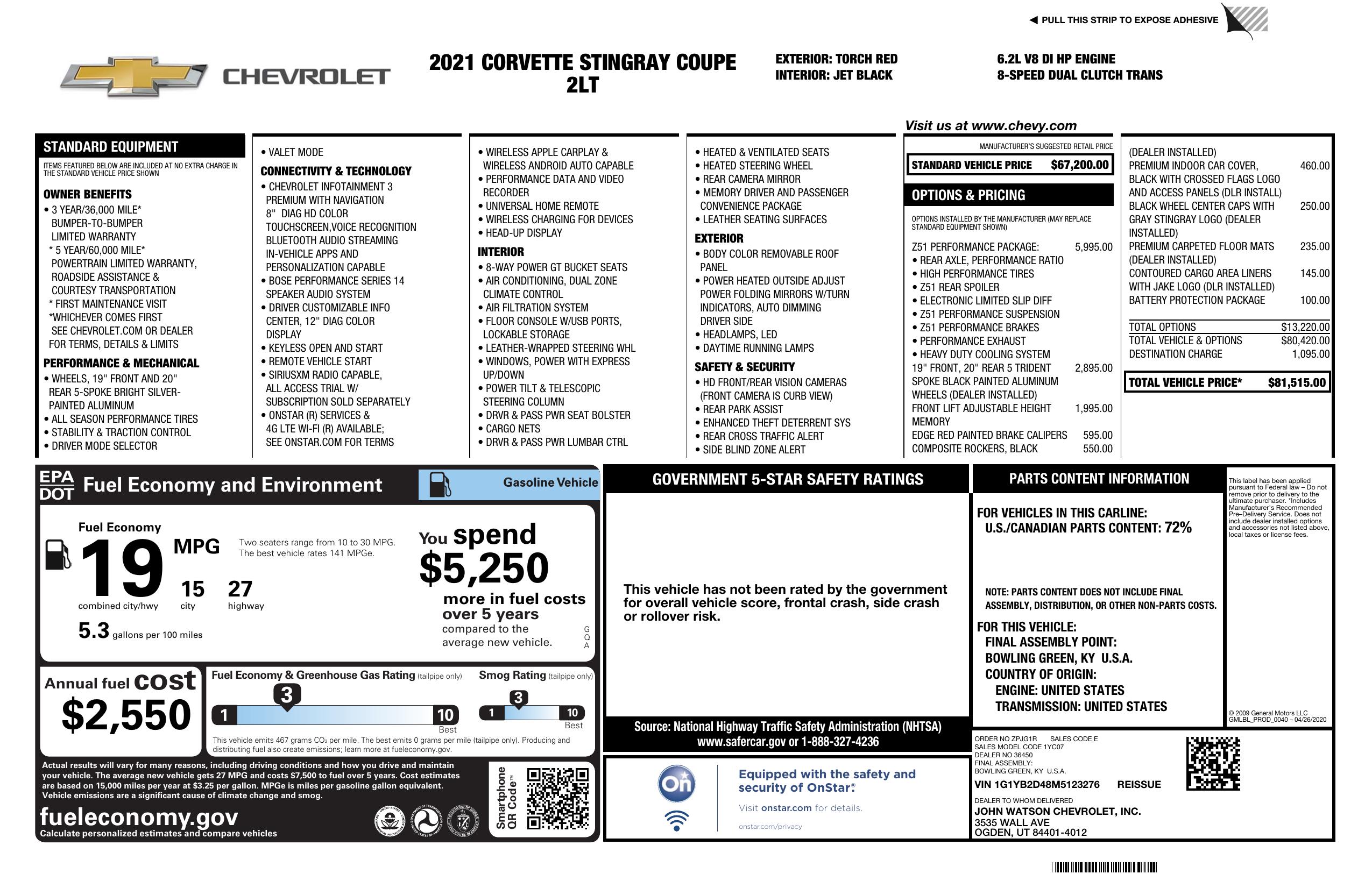 Window Sticker for 2021 Chevrolet Corvette Rwd Coupe 2 Lt