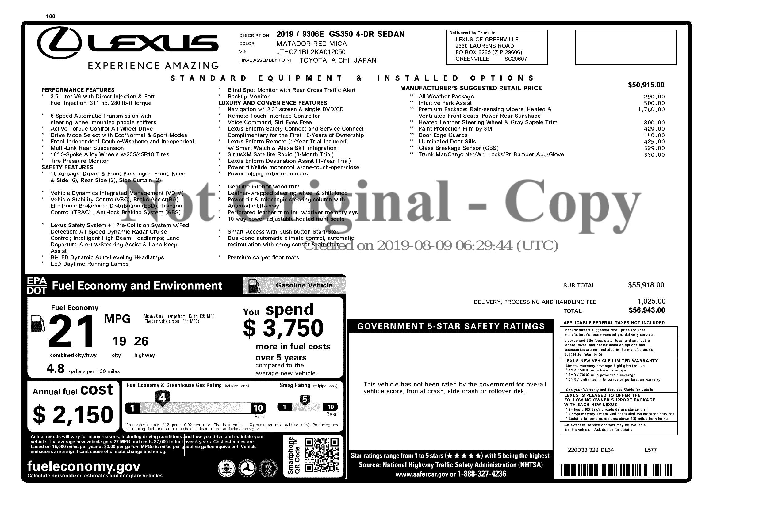 Window Sticker for 2019 Lexus Gs 350 Awd