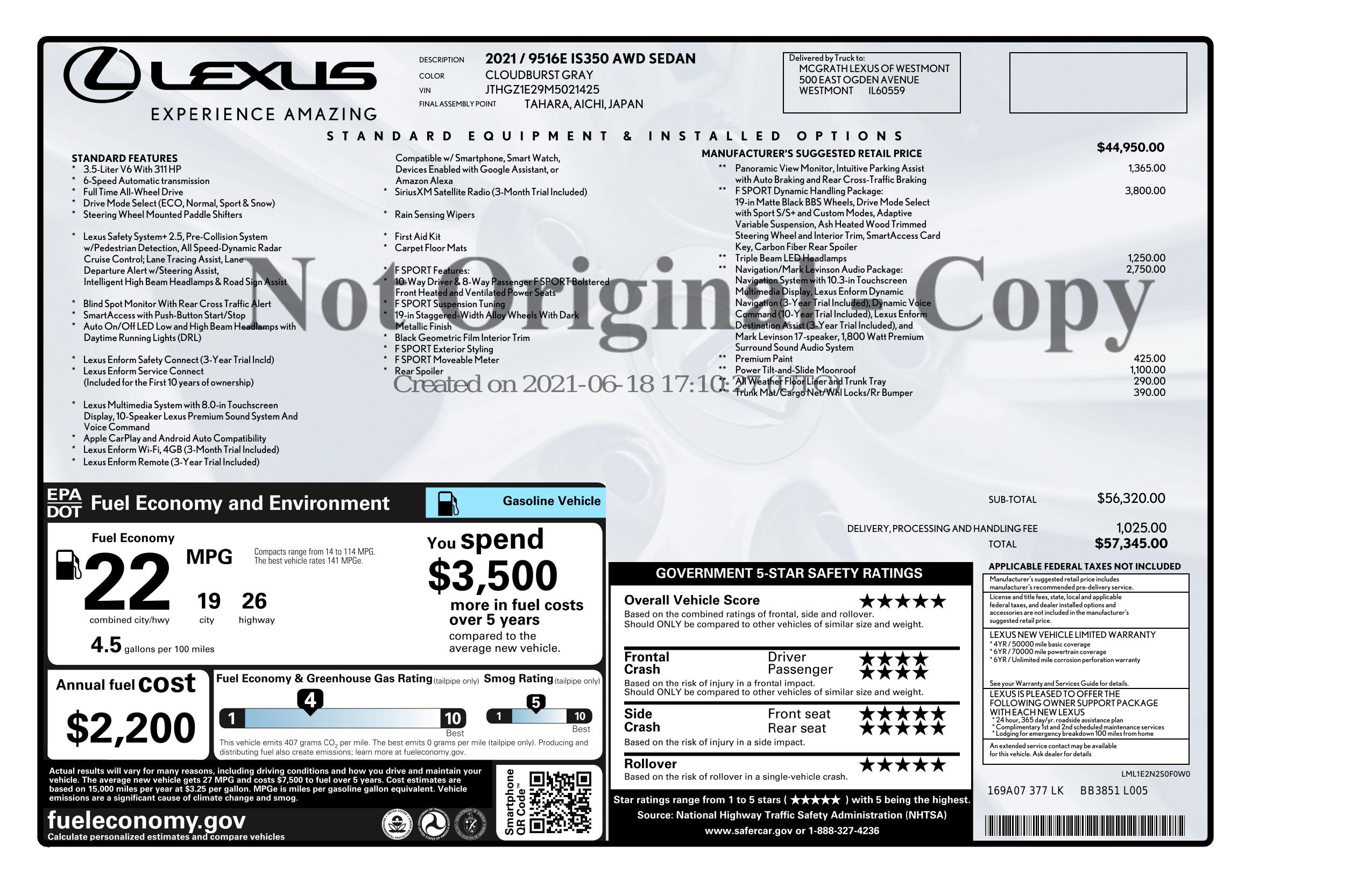 Window Sticker for 2021 Lexus Is Is 350 F Sport Awd