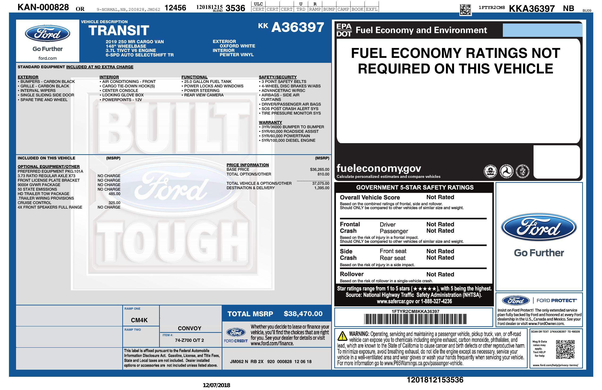 Window Sticker for 2019 Ford Transit Van 250 3dr Lwb Medium Roof Cargo ...