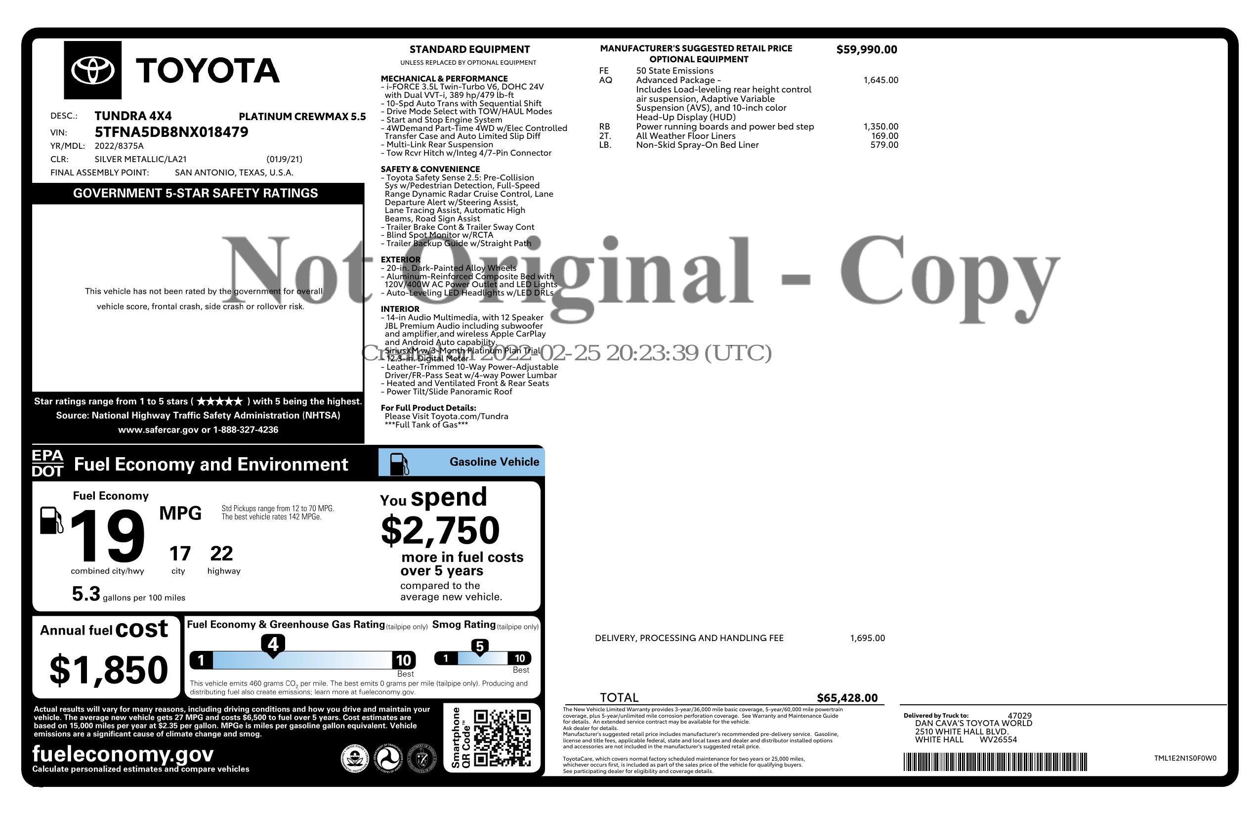 Window Sticker for 2022 Toyota Tundra 4 Wd Platinum