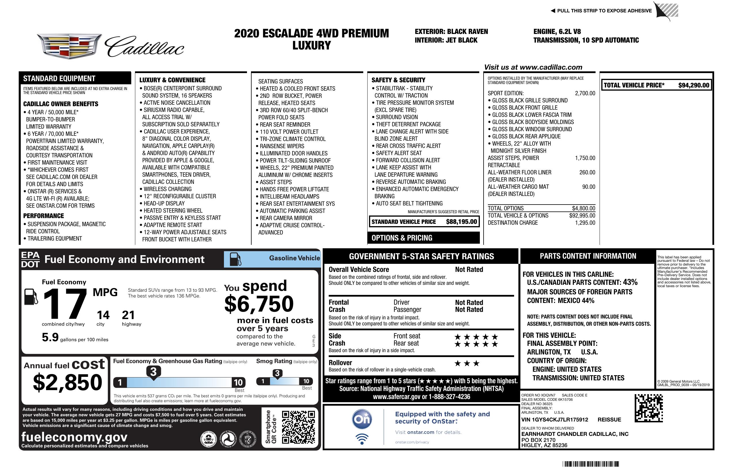 Window Sticker for 2020 Cadillac Escalade 4 Wd 4dr Premium Luxury
