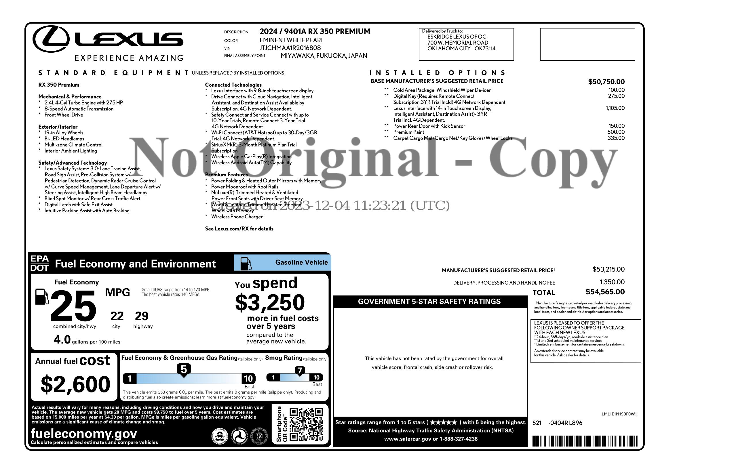 Window Sticker for 2024 Lexus Rx 350 Fwd