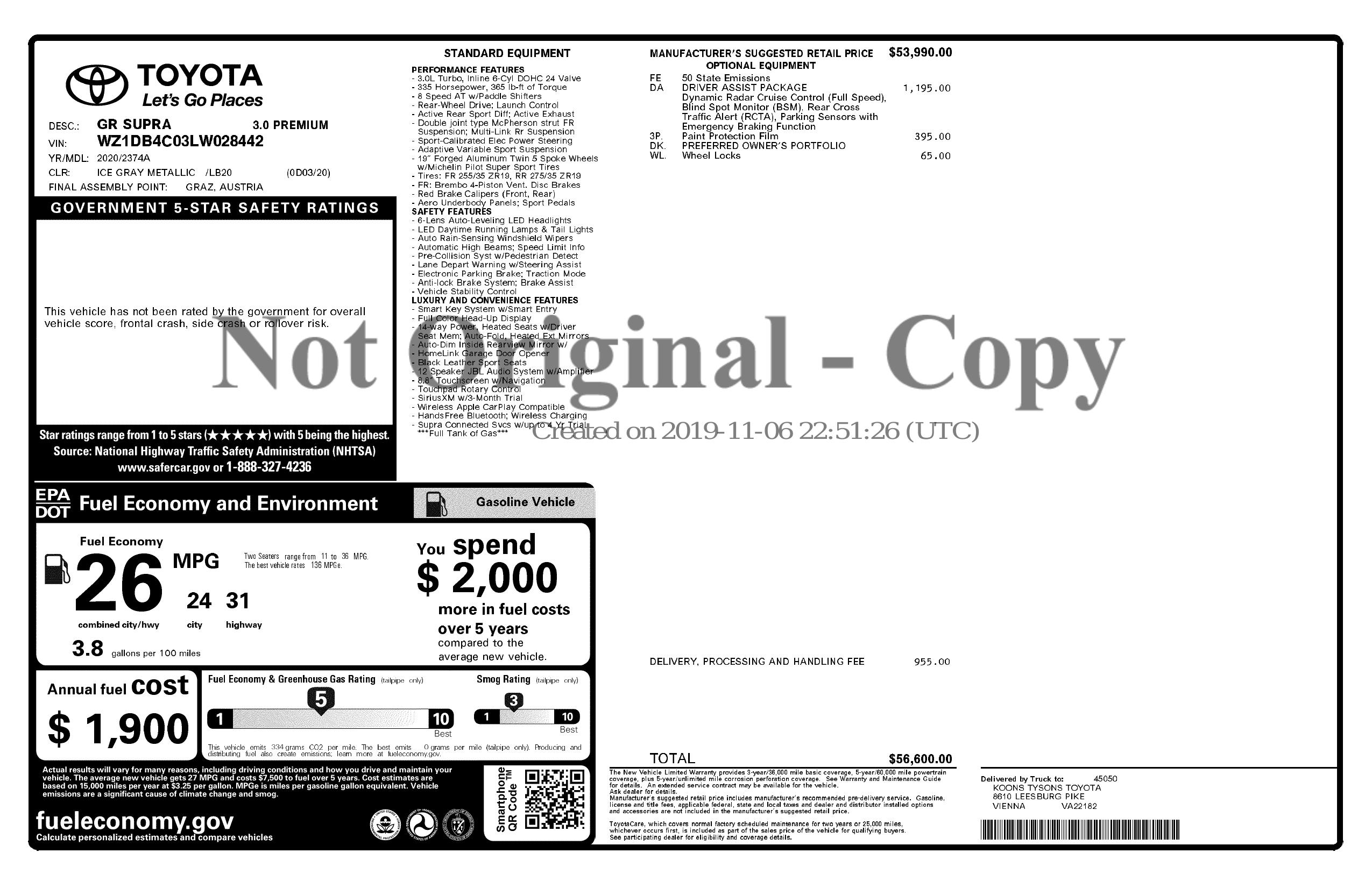 Window Sticker for 2020 Toyota Gr Supra Launch Edition Coupe 2 D